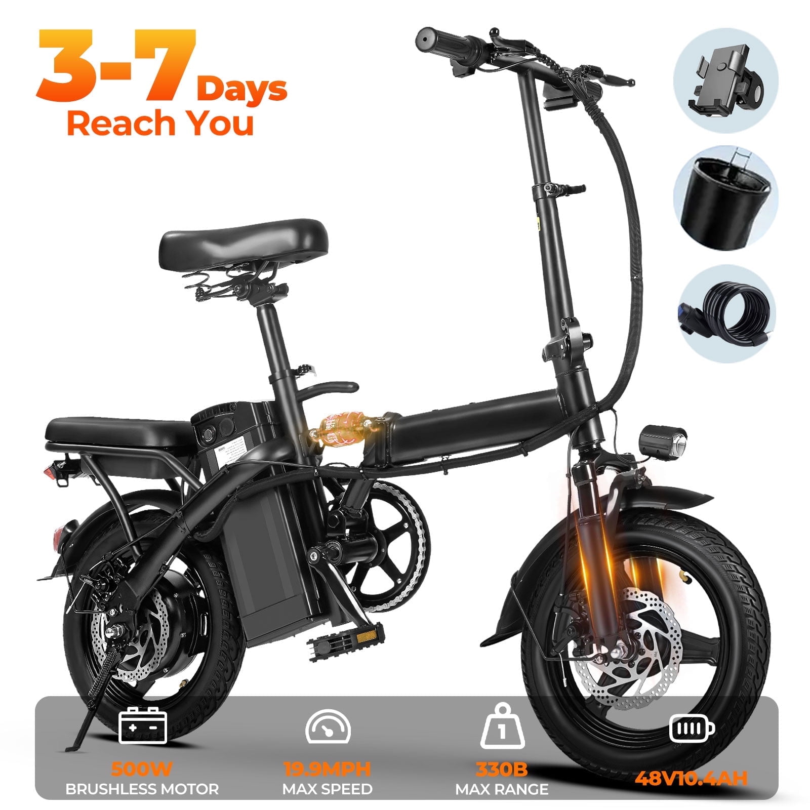 Kunyun 48V 500W Electric Bikes,14" Tires, 20mph, 19-22mi Range, Dual Disc Brakes, Adjustable ...