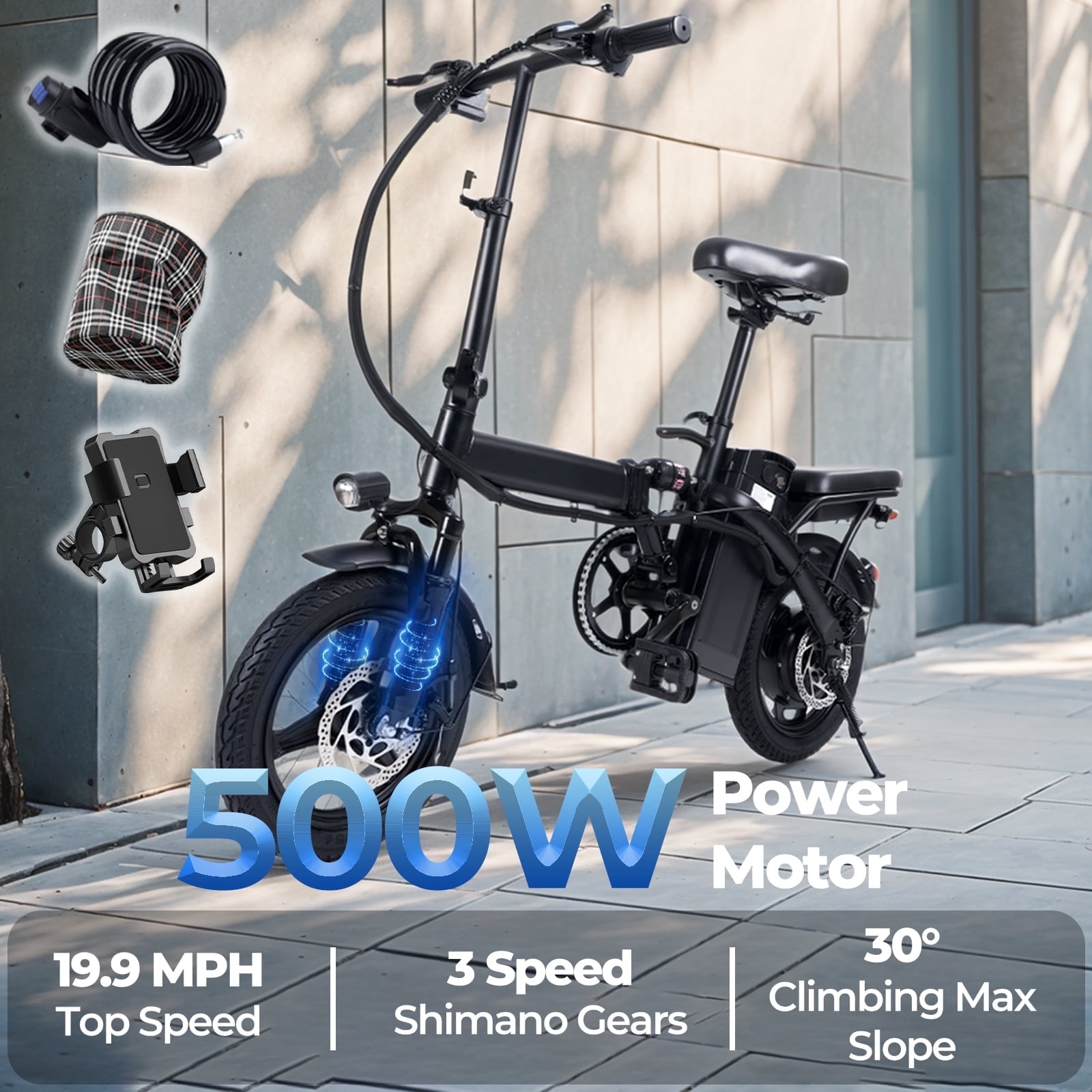 Kunyun 48V 500 W Adult Electric Bikes,14" Tires, 20mph, 19-22mi Range, Dual Disc Brakes ...