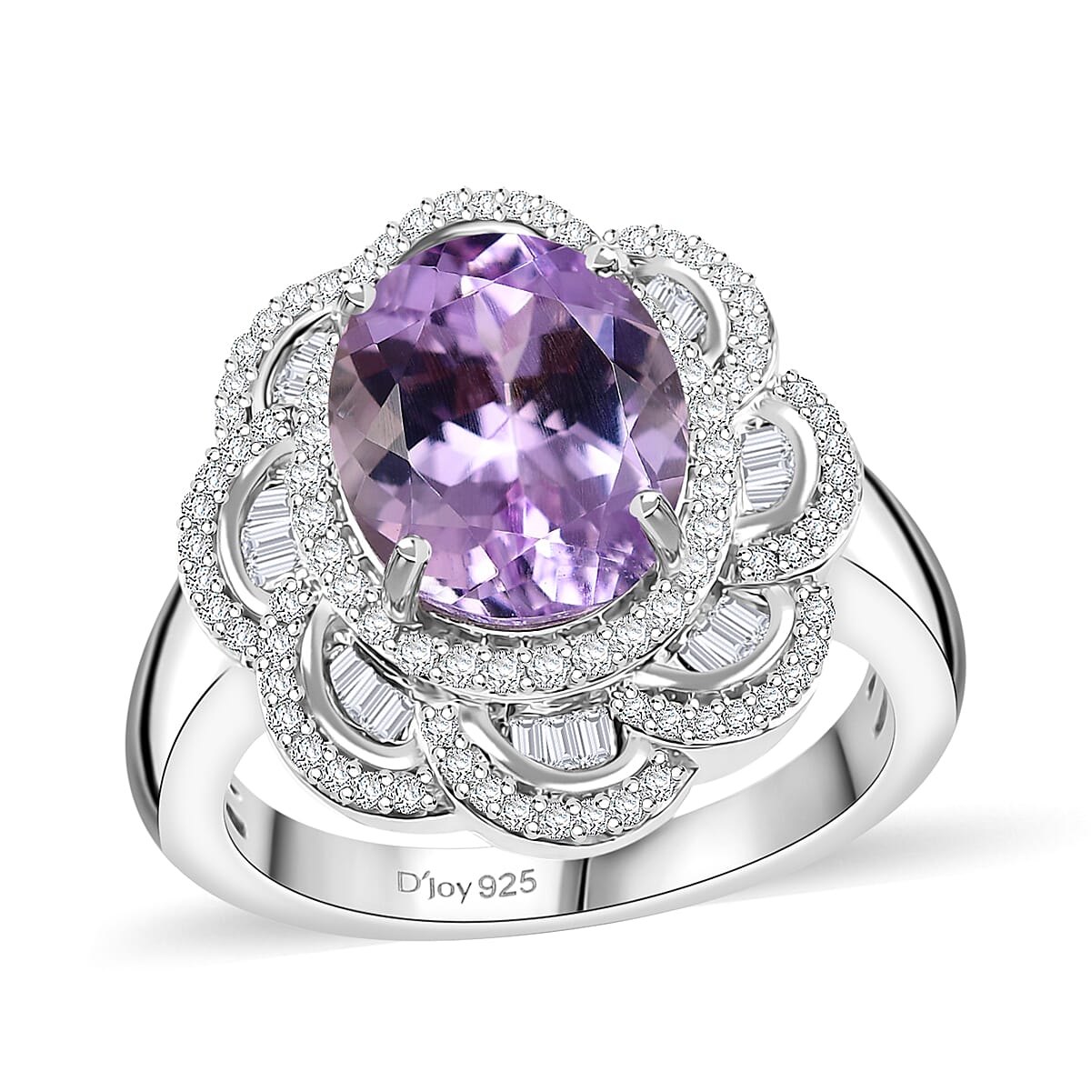 Kunzite White Diamond Oval Rhodium Plated 925 Sterling Silver Ring for ...