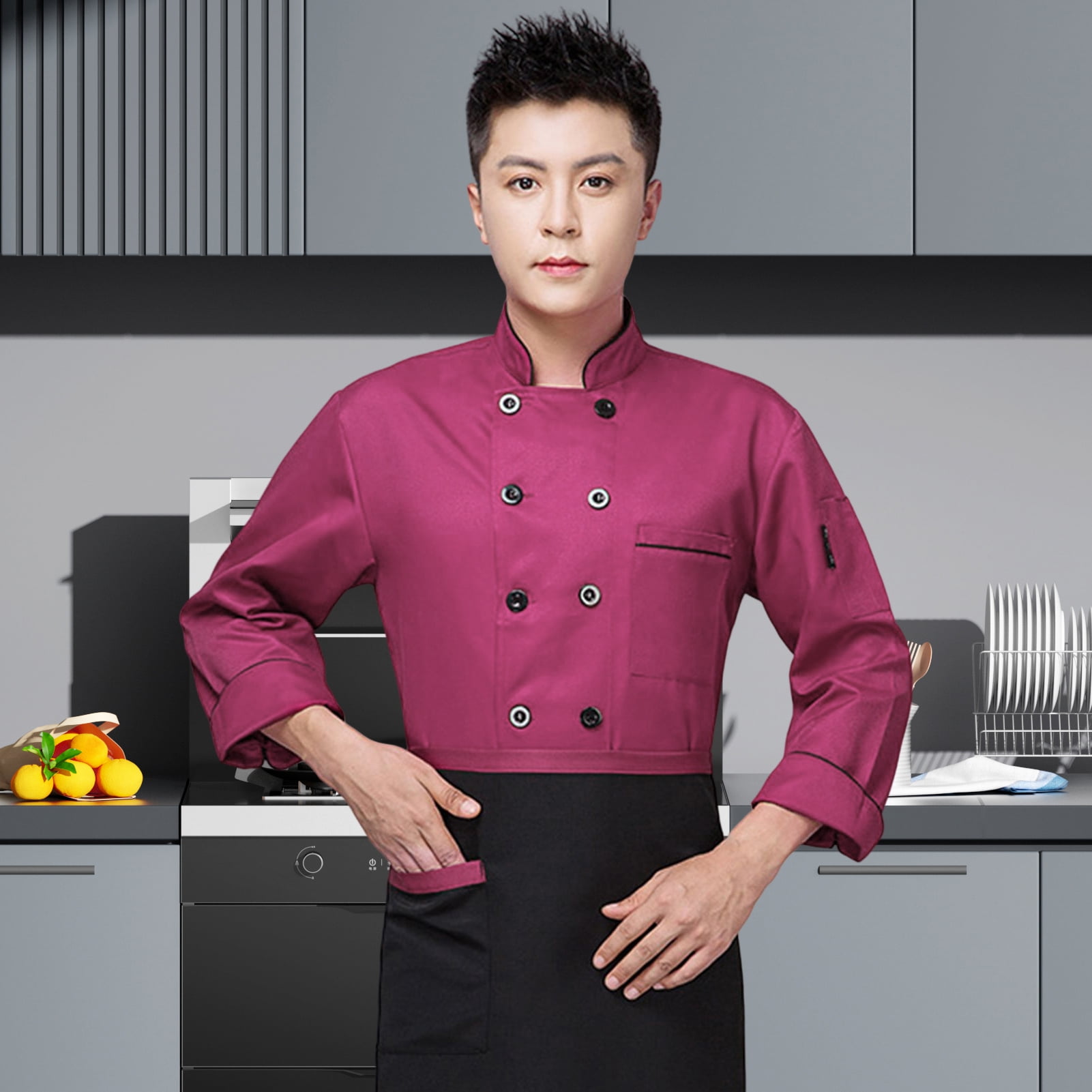 Kuorak Chef Top Contrast Color Catering Cooking Clothes Long Sleeves ...
