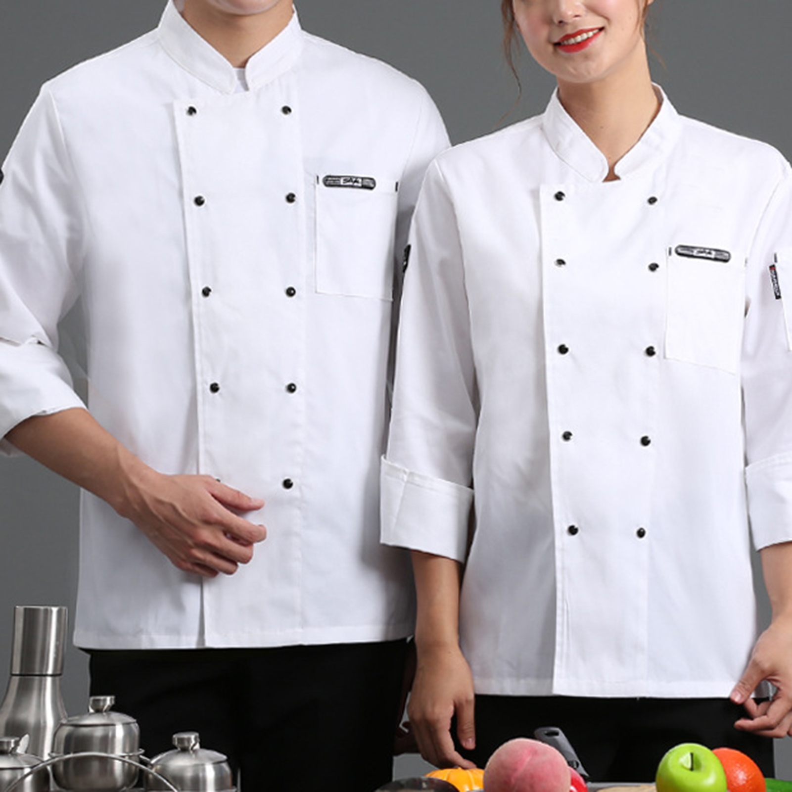 Kuorak Chef Top Solid Color Pocket Long Sleeve Lightweight Double ...