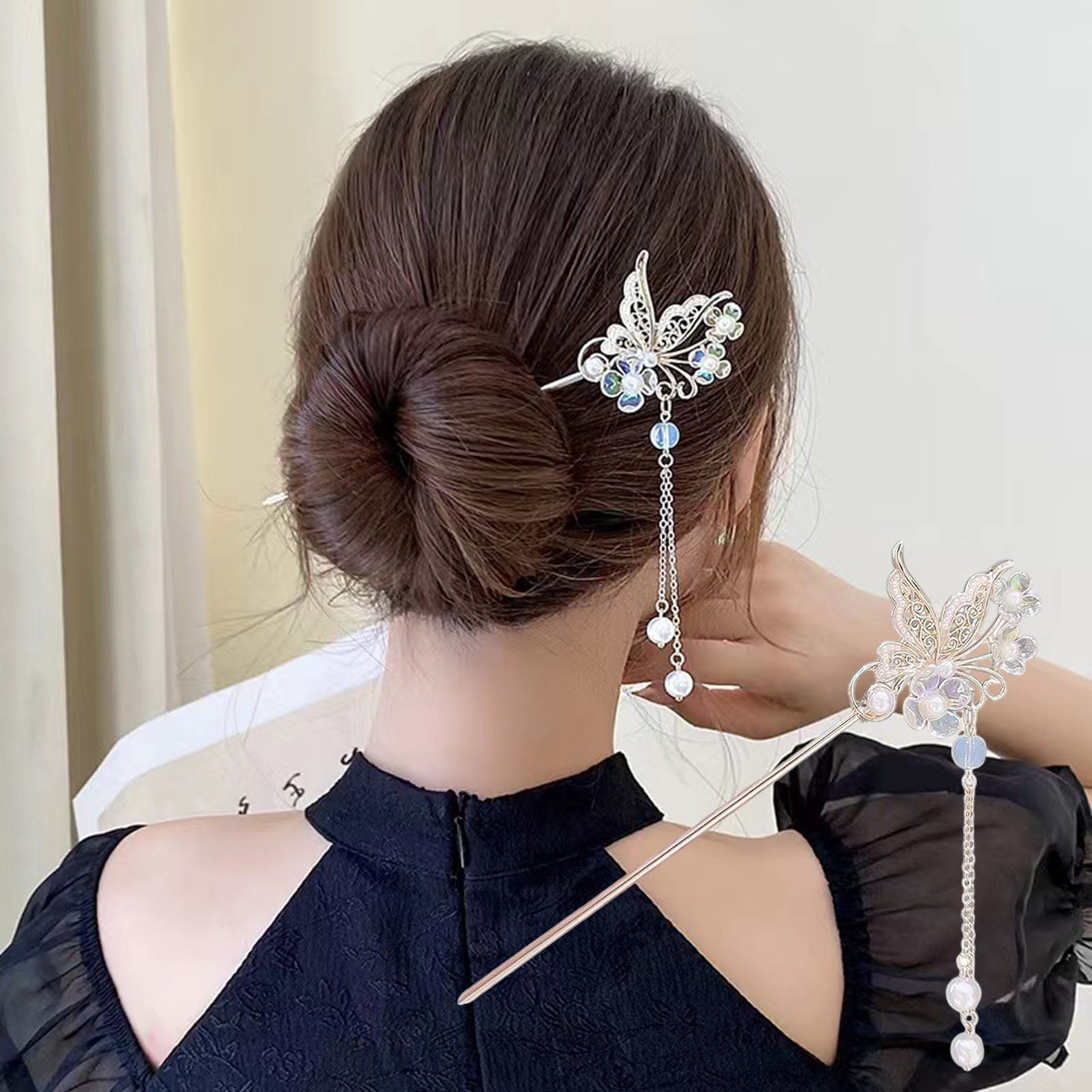 Kuorak Chinese Style Faux Pearl Tassel Hair Stick Hollow Butterflies ...