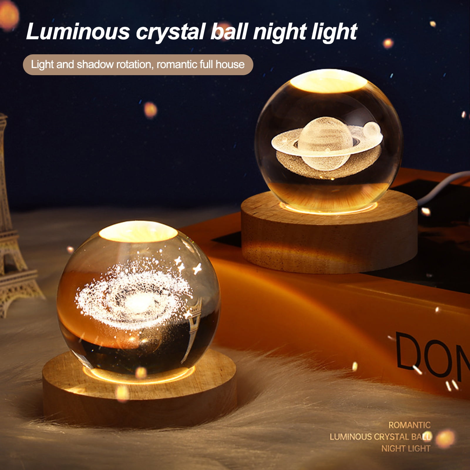 Kuorak Faux Crystal Ball Night Light with Wooden Base 3D Engraved Solar ...