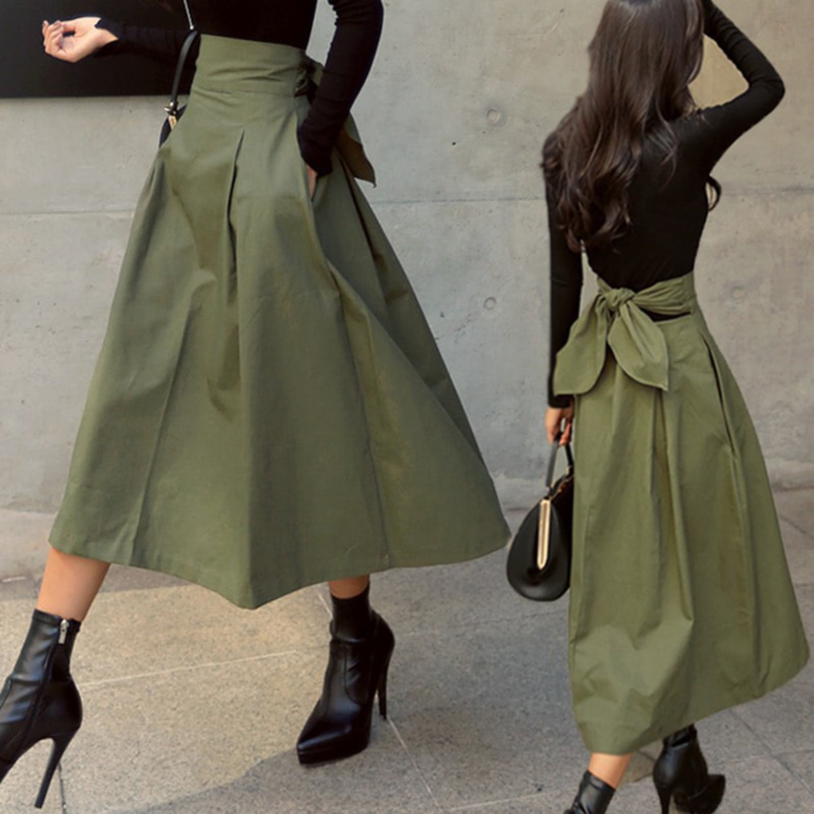 Kuorak Midi Skirt Solid Color Bow Spring Summer Sweet Slim-fitting ...