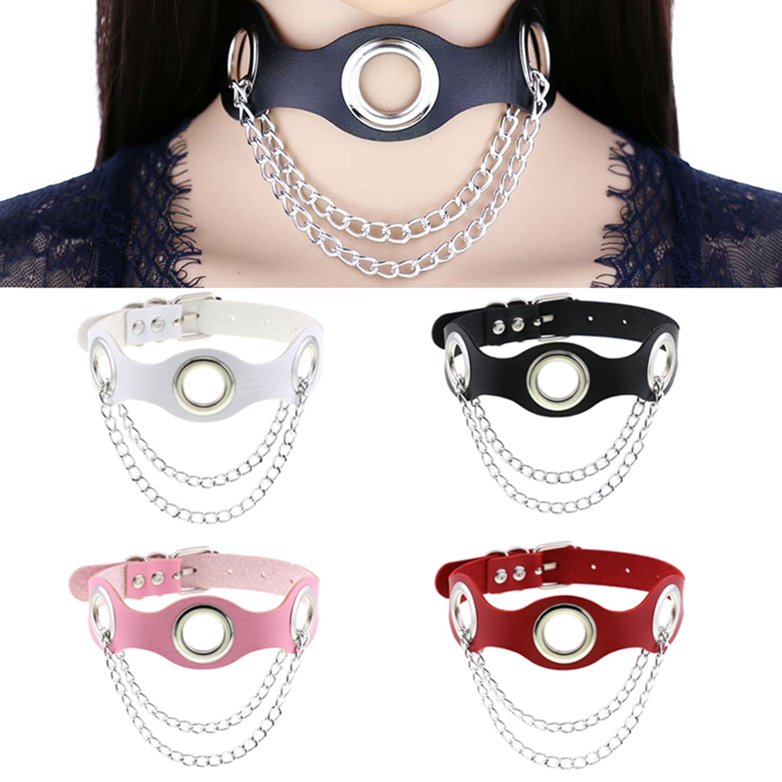 Kuorak Punk Hollow Faux Leather Metal Chain Goth Circle Necklace Choker ...