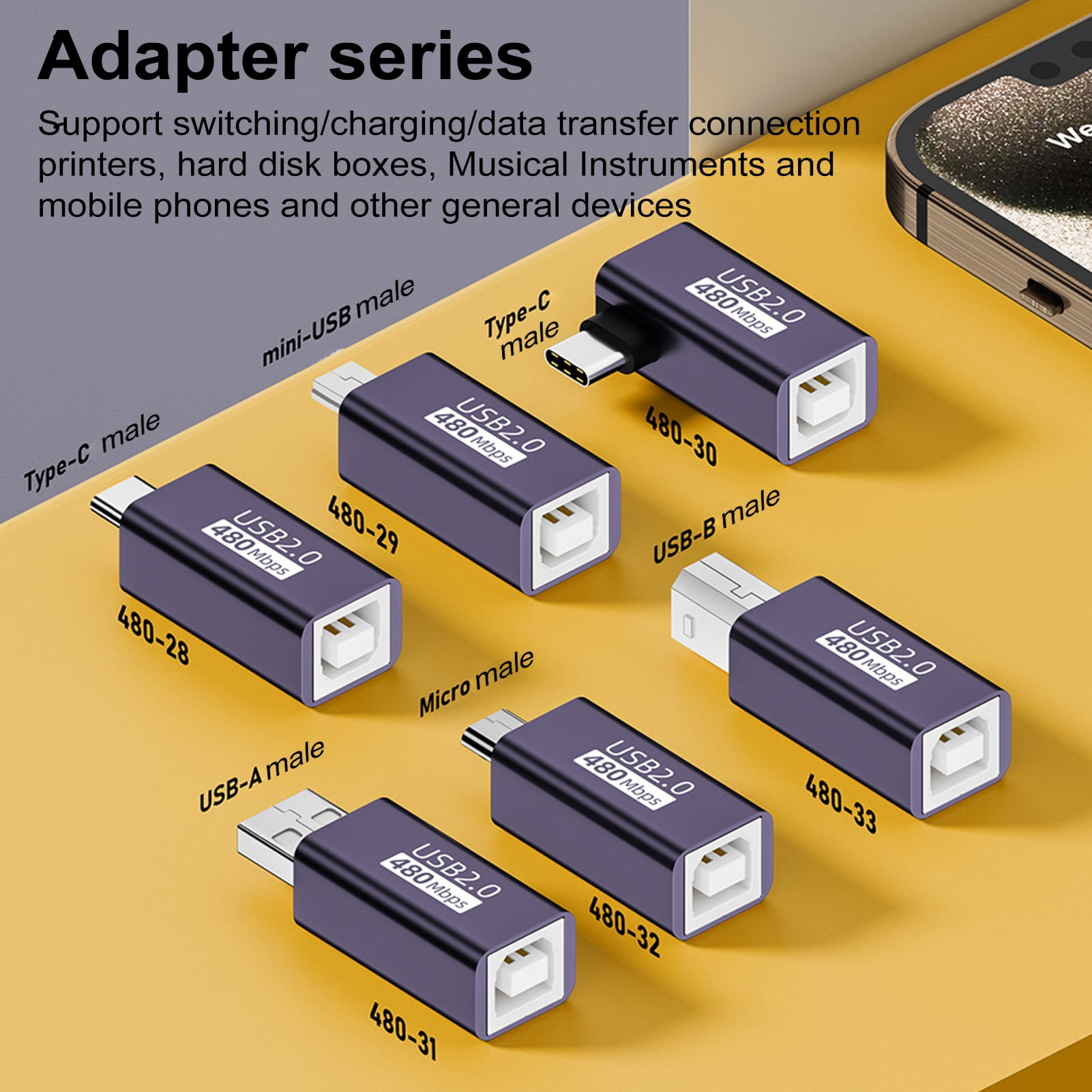 Kuorak Type-C/Micro/Mini USB2.0 Male to USB-B Female Adapter Phone ...
