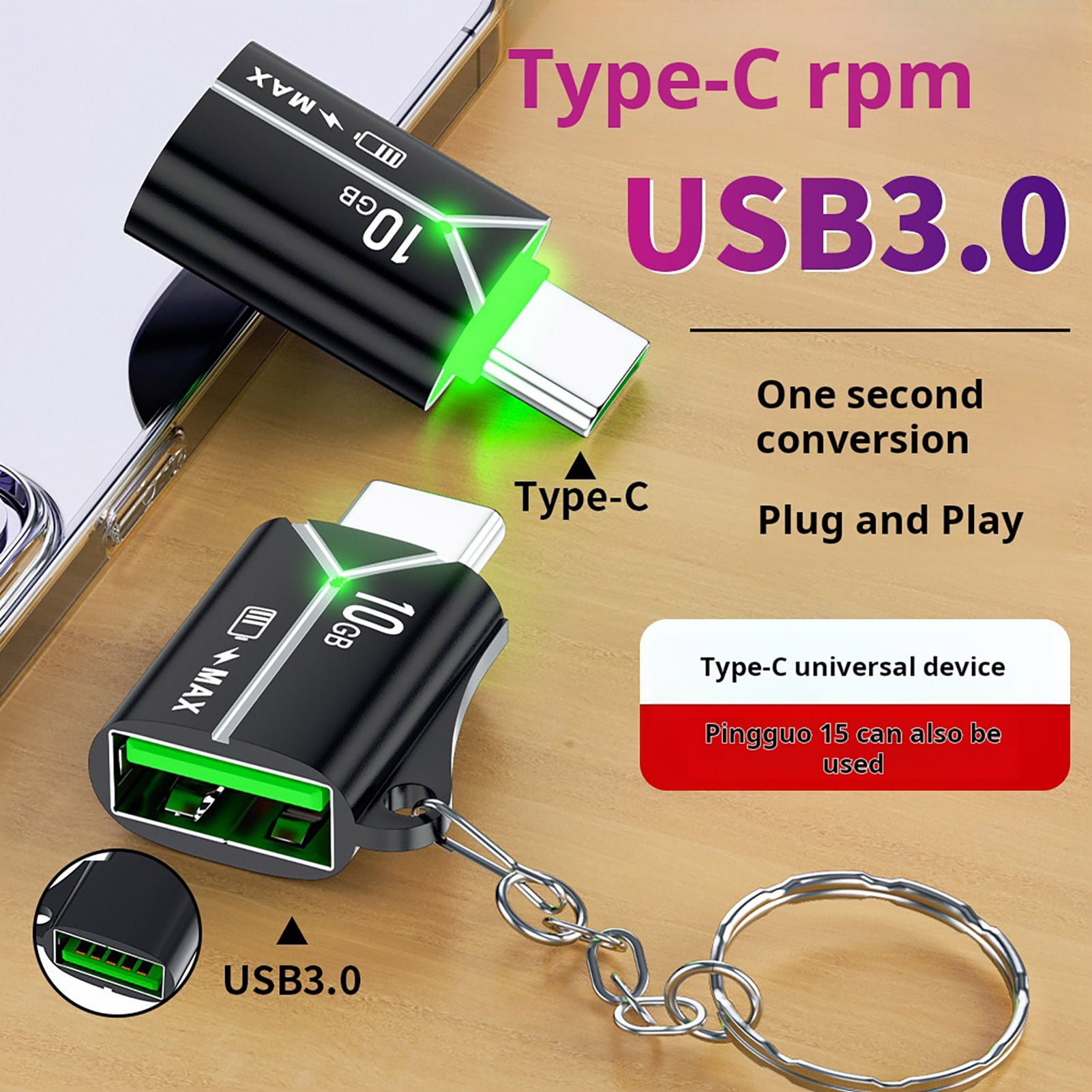 Kuorak Type-C to USB3.0 Adapter with Keychain OTG 10Gbps Data Transfer ...