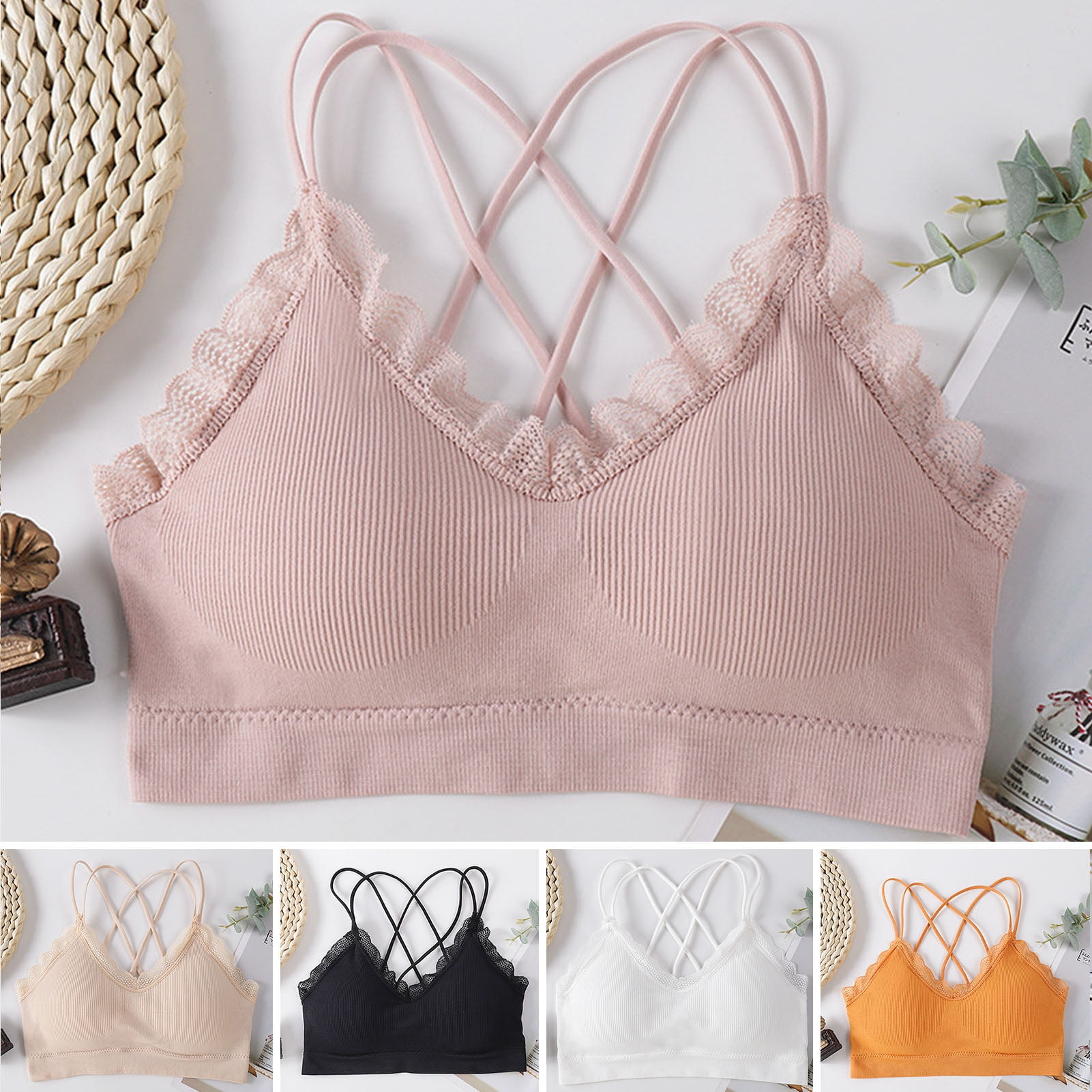 Kuorak Women Bra Lace Patchwork Seamless Cross Strap Anti-exposed ...