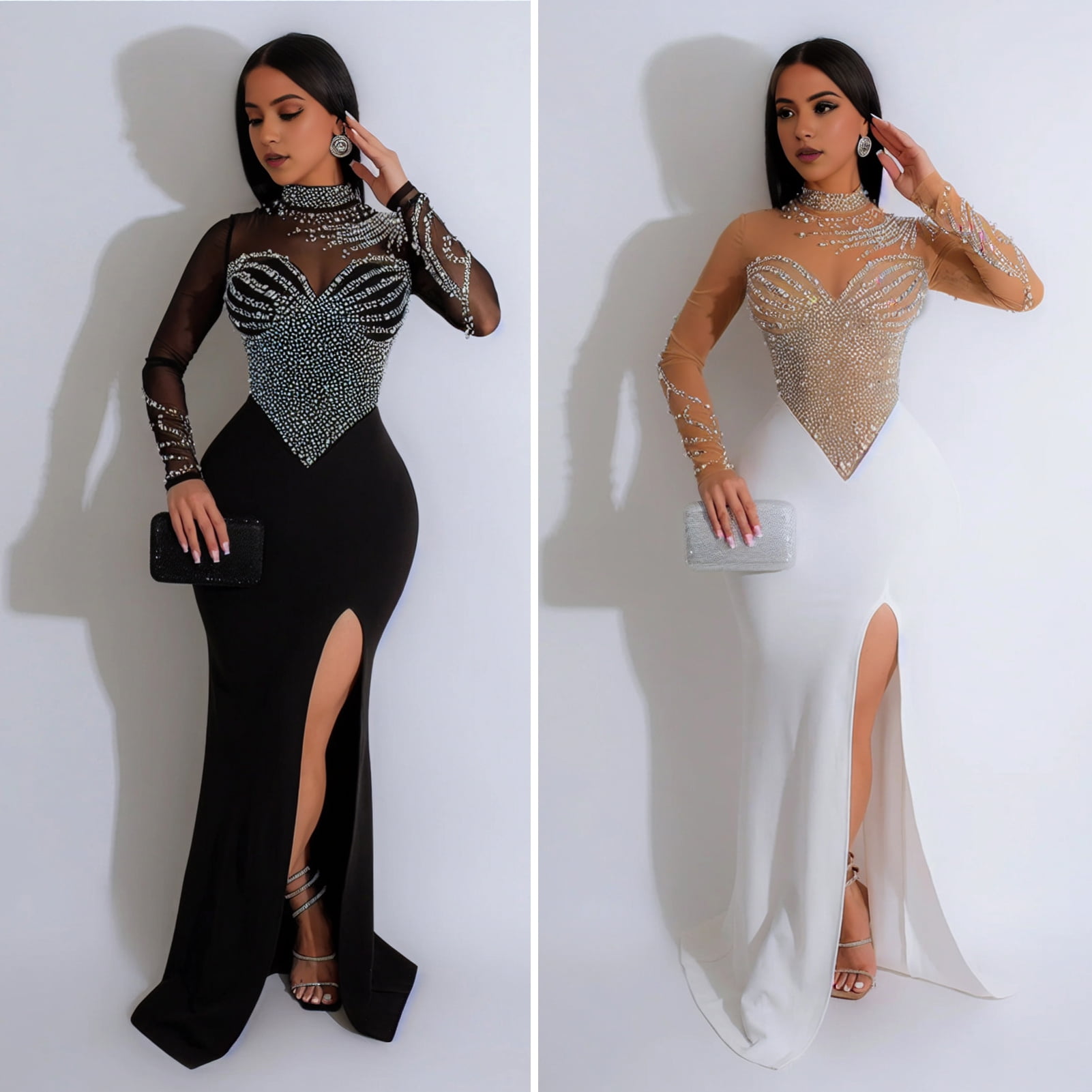 Kuorak Women Gown Dress Half-high Collar Long Sleeve Side Split Long ...