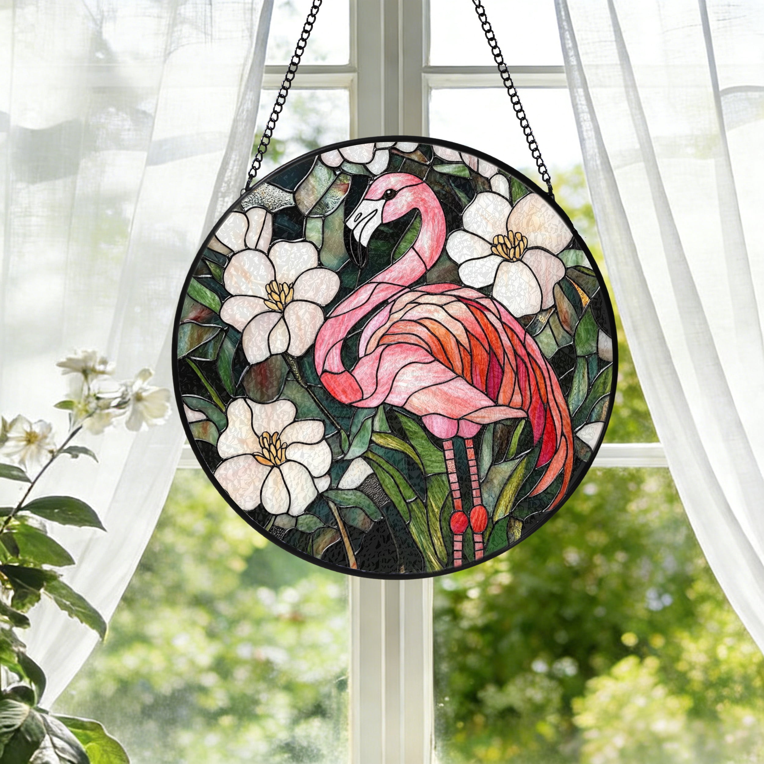 KuphiL10C Flamingo Suncatchers for Windows, Floral Stained Glass Window ...