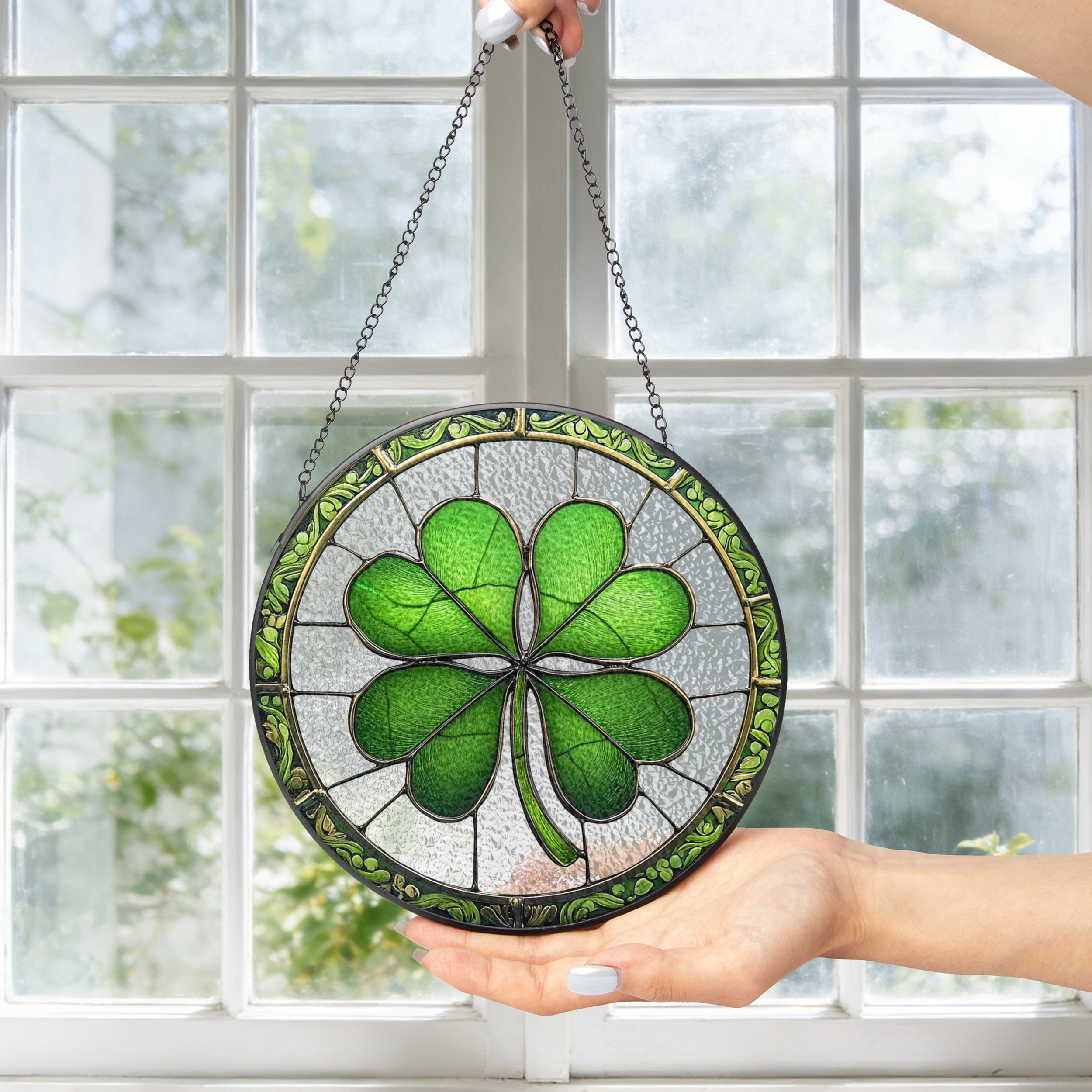 KuphiL10C Four Leaf Clovers Stained Glass Window Hanging, Clover ...