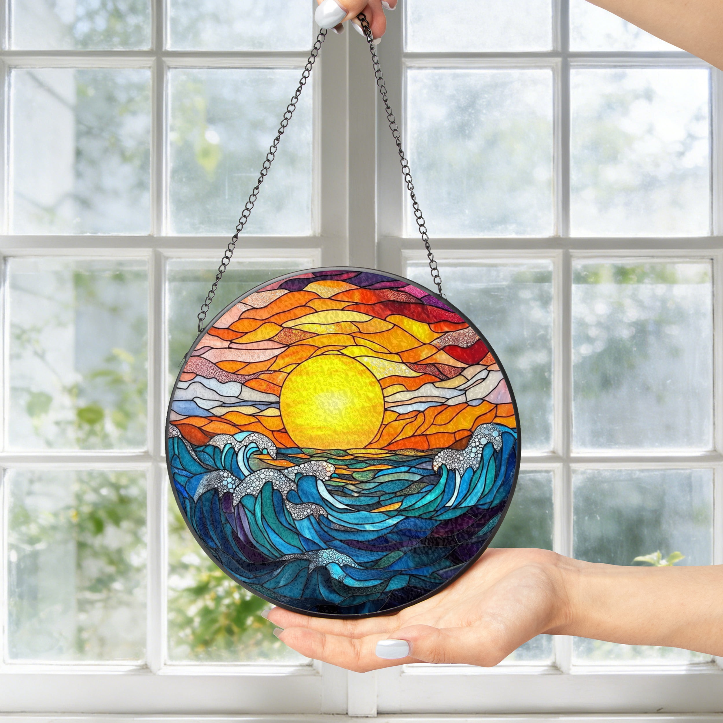 KuphiL10C Ocean Waves Suncatchers for Windows, Sunset Stained Glass ...