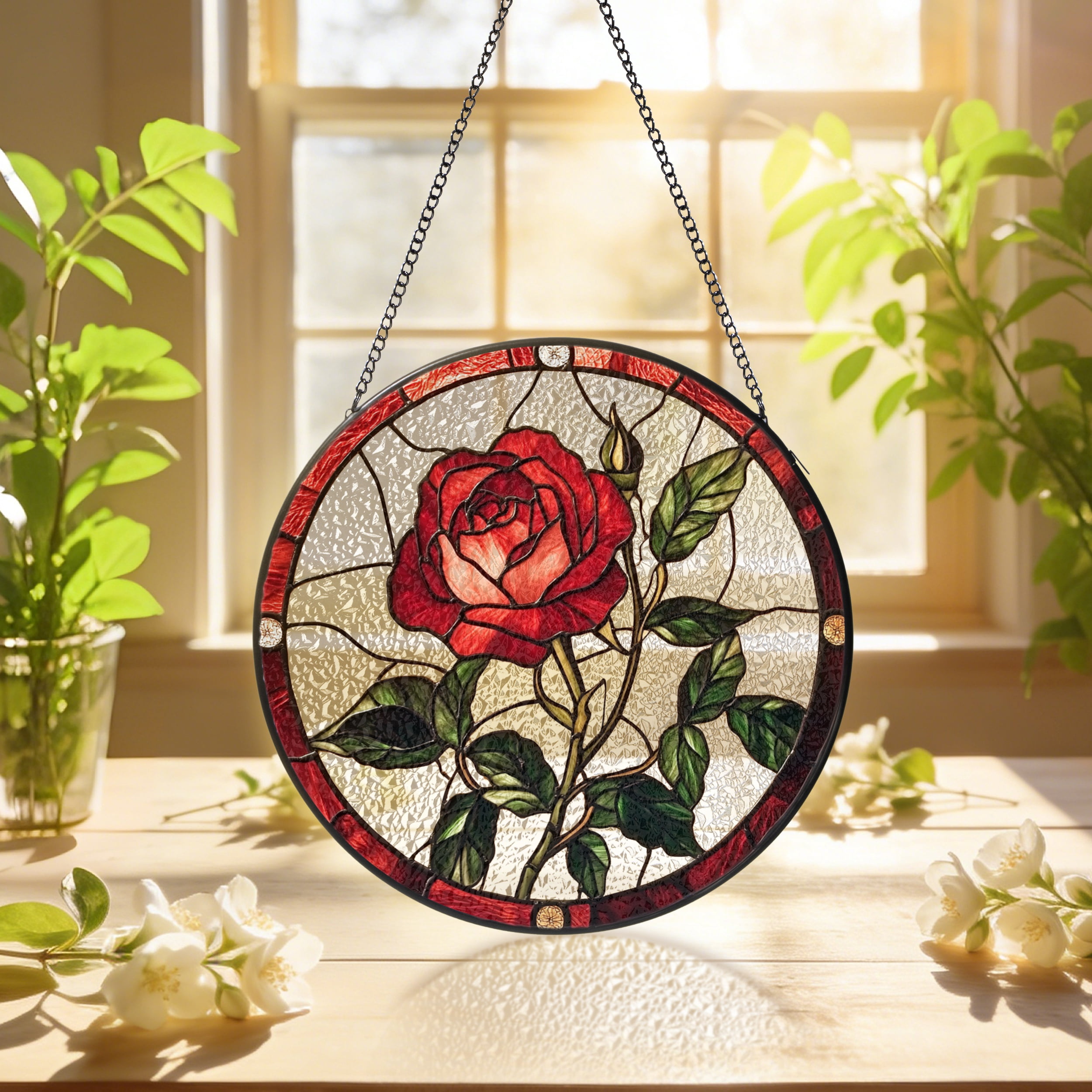 KuphiL10C Red Rose Suncatchers for Windows, Rose Stained Glass Window ...