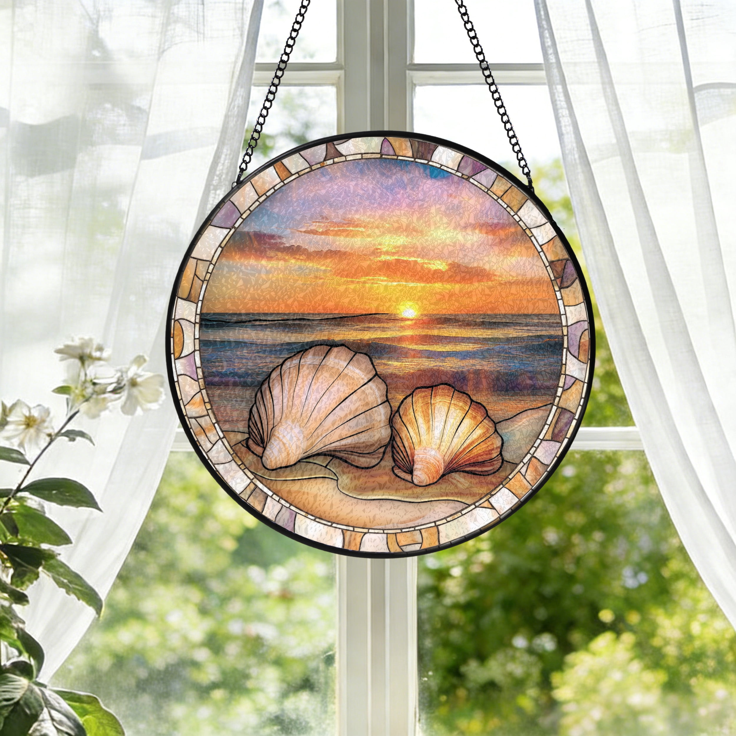 KuphiL10C Shells Suncatchers for Windows, Beach Ocean Stained Glass ...