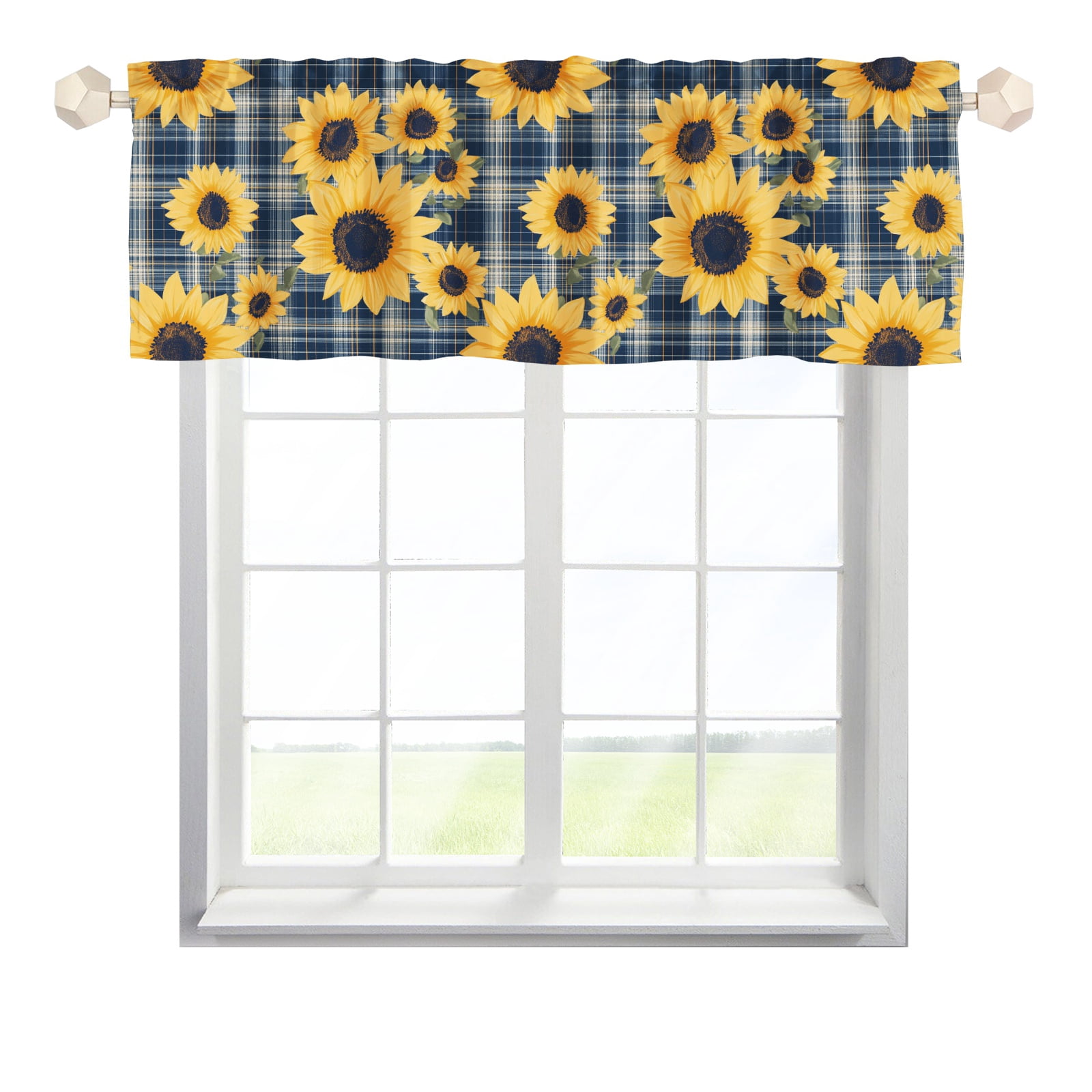 KuphiL10C Sunflowers Kitchen Valance for Windows farmhouse, Blue Plaid ...