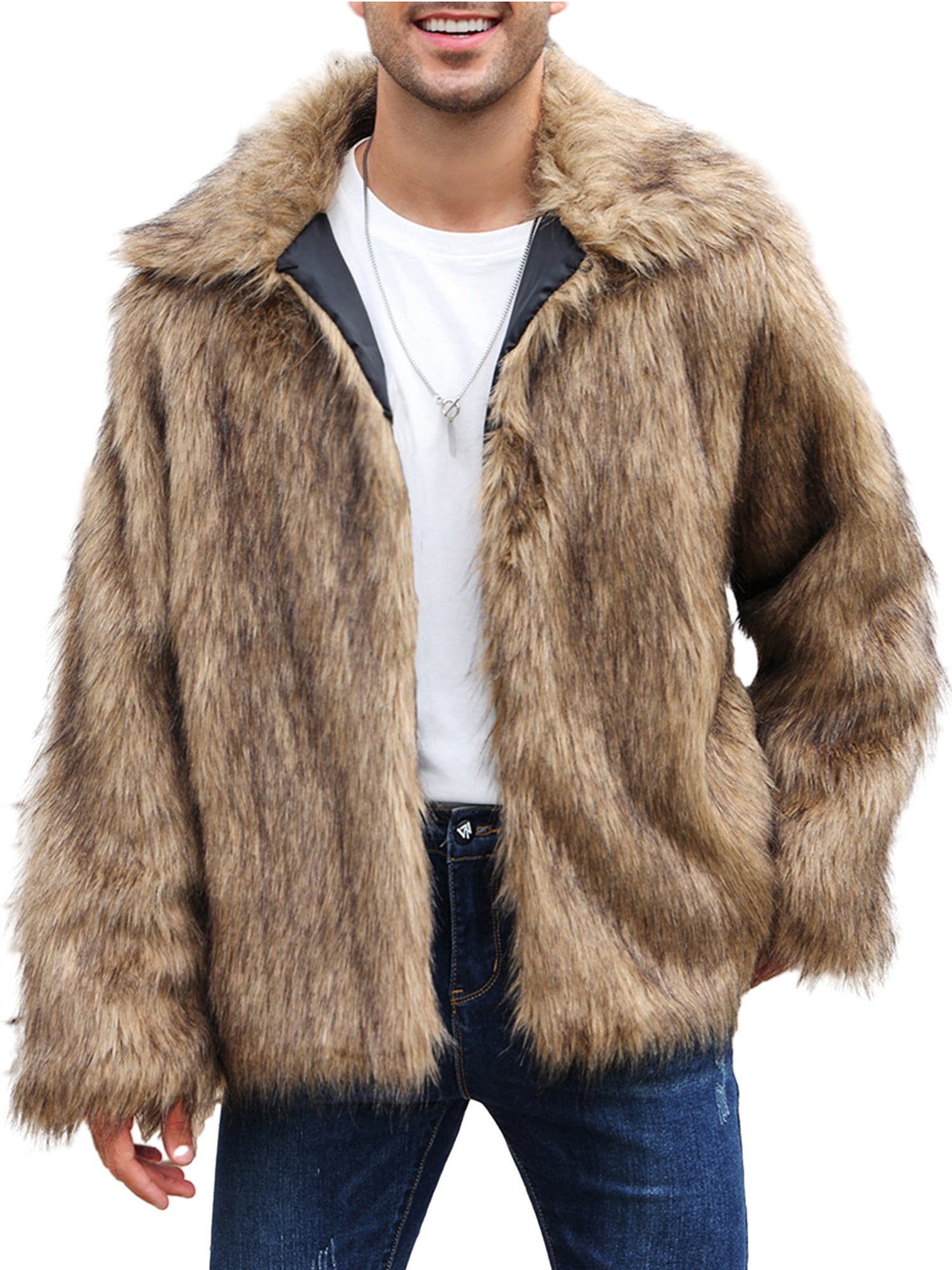 Kupretty Men’s Winter Coat, Long Sleeve Button Closure Furry Faux Fur ...