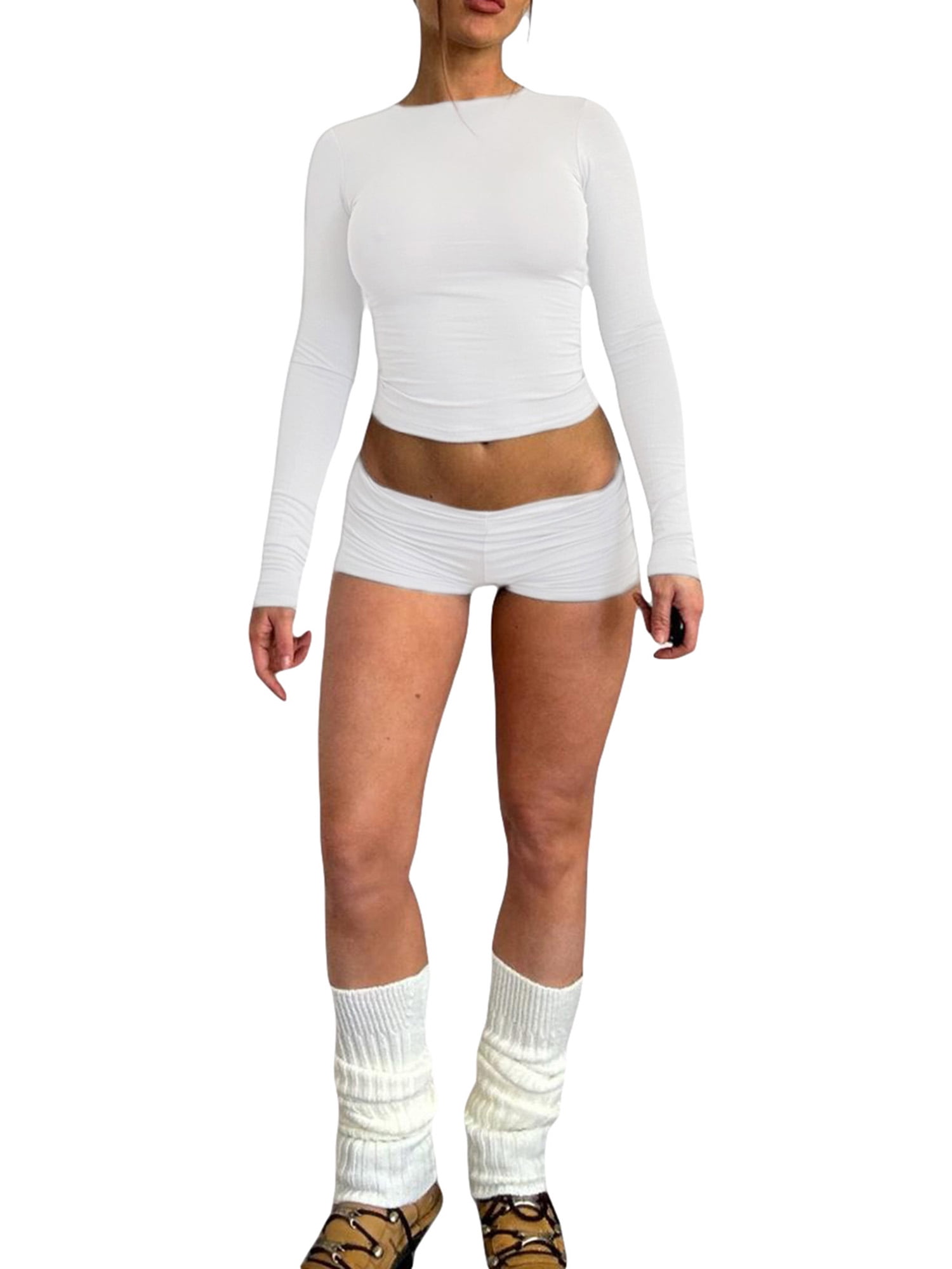 Kupretty Women Fall Shorts Outfits Solid Color Long Sleeve Crop Tops ...