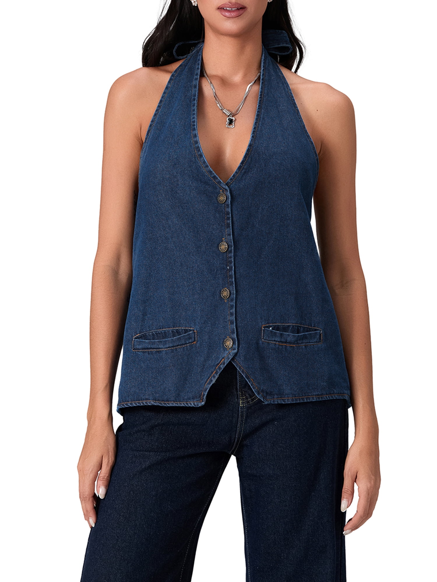 Kupretty Women's Halter Neck Tops Sleeveless Open Back Button Up Denim ...
