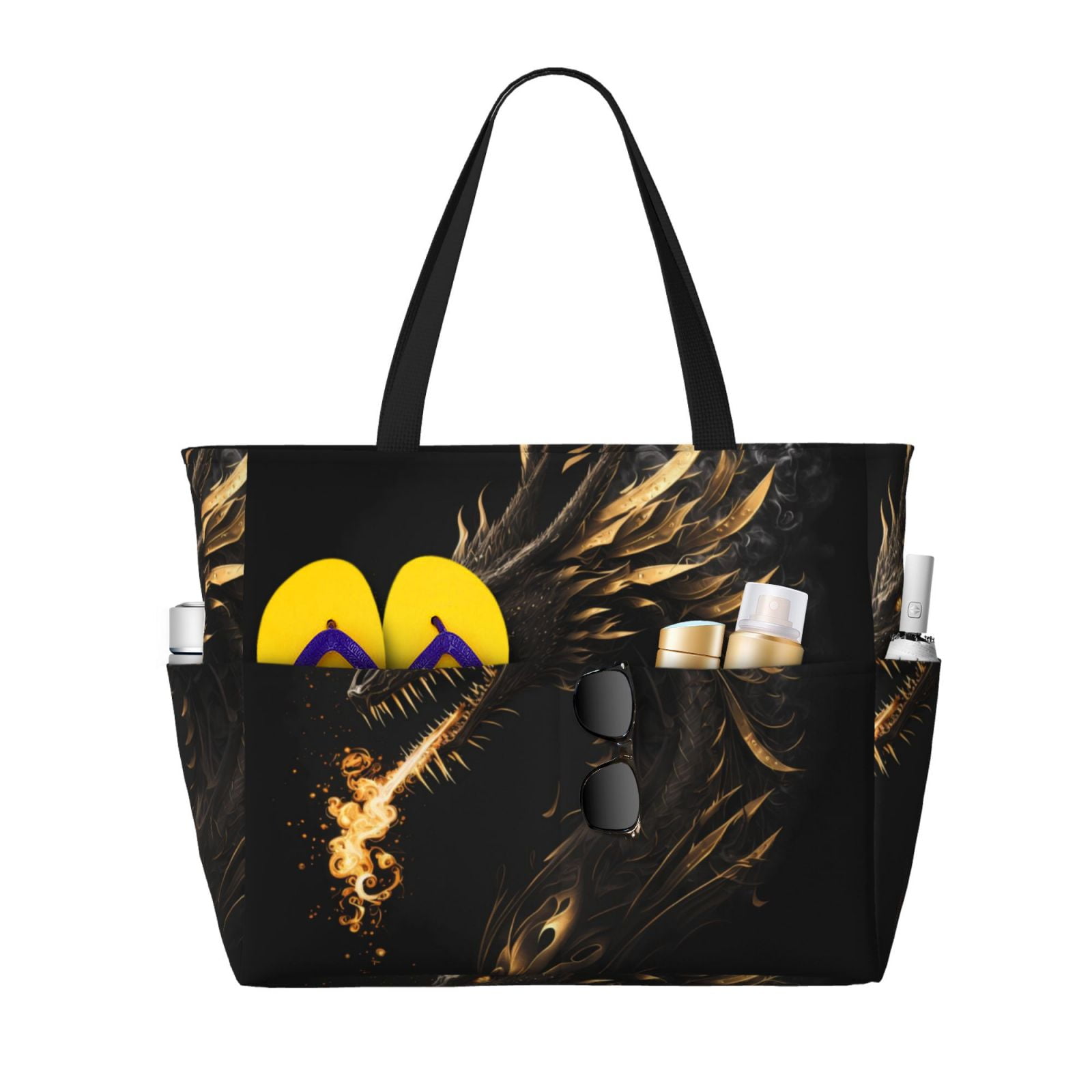 Kuqiui Black And Gold Fire Dragon Print Beach Pool Bags Tote for Women ...