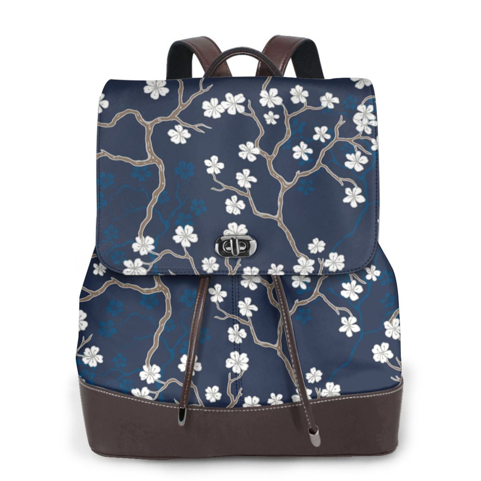 Kuqiui Cherry Blossoms on Navy Background Print Leather Backpack Purse ...