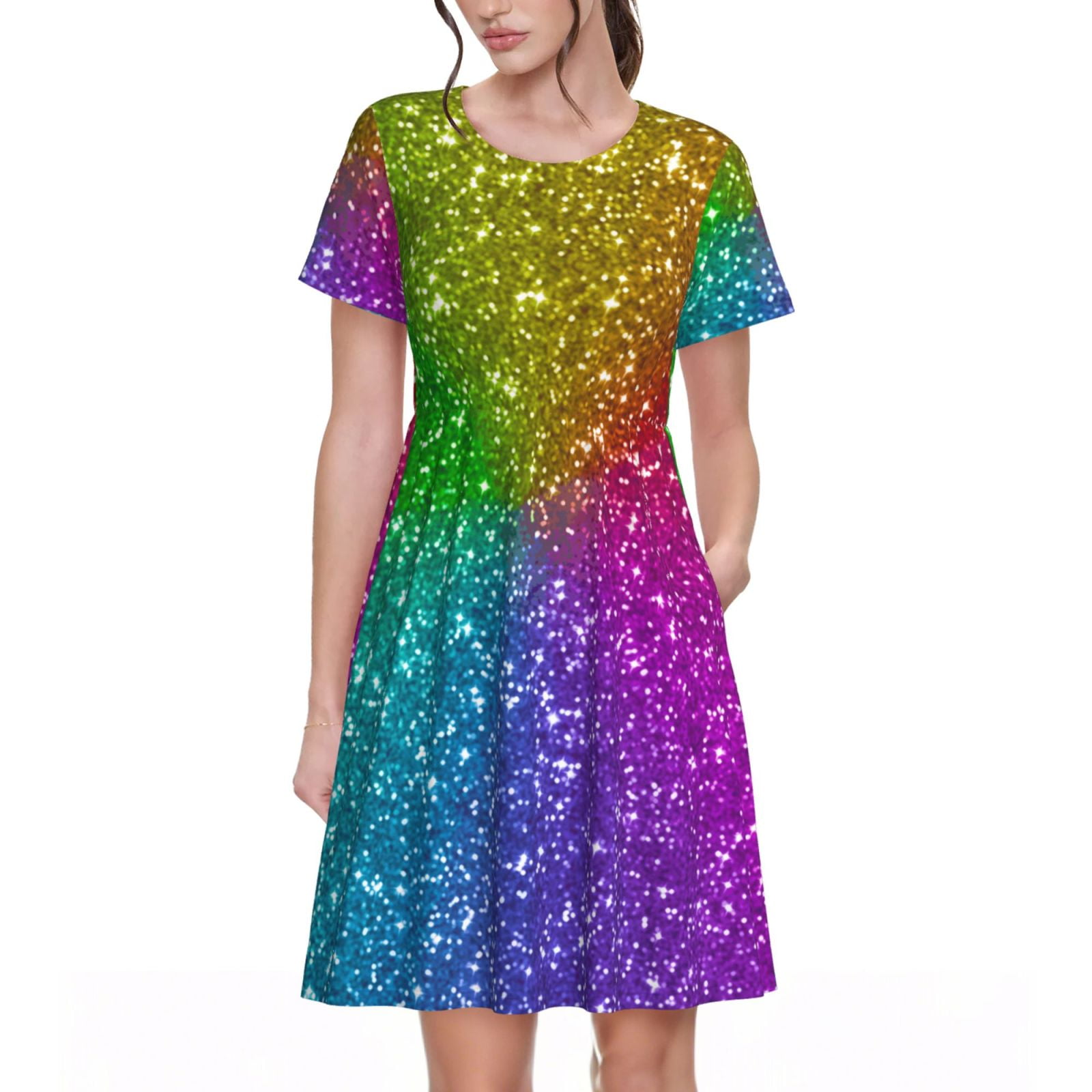Kuqiui Colorful Glitter Print Women's Short Sleeve A-Line Dress with ...