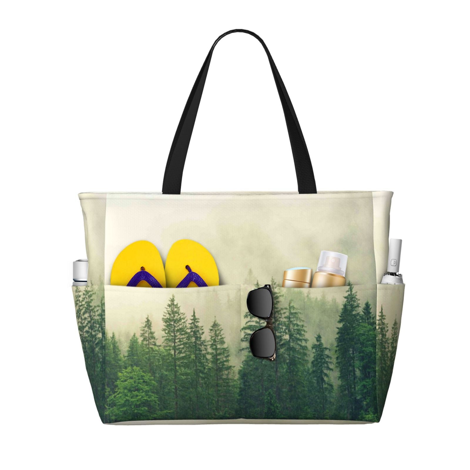 Kuqiui Fog Forest Print Beach Pool Bags Tote for Women Ladies Large Gym ...
