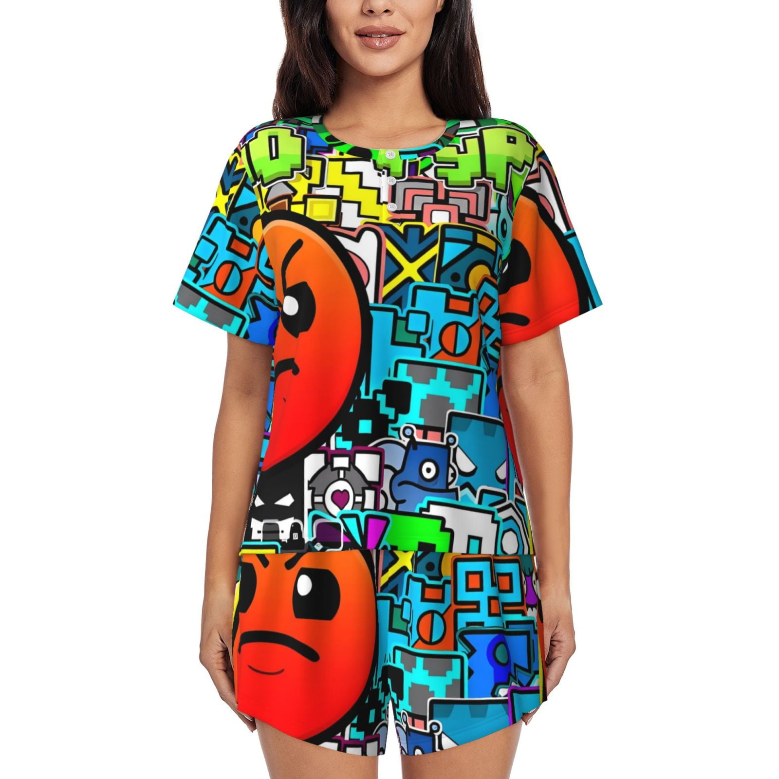 Kuqiui Geometry Dash Print Pajama Sets for Women 2 Piece Summer Lounge ...
