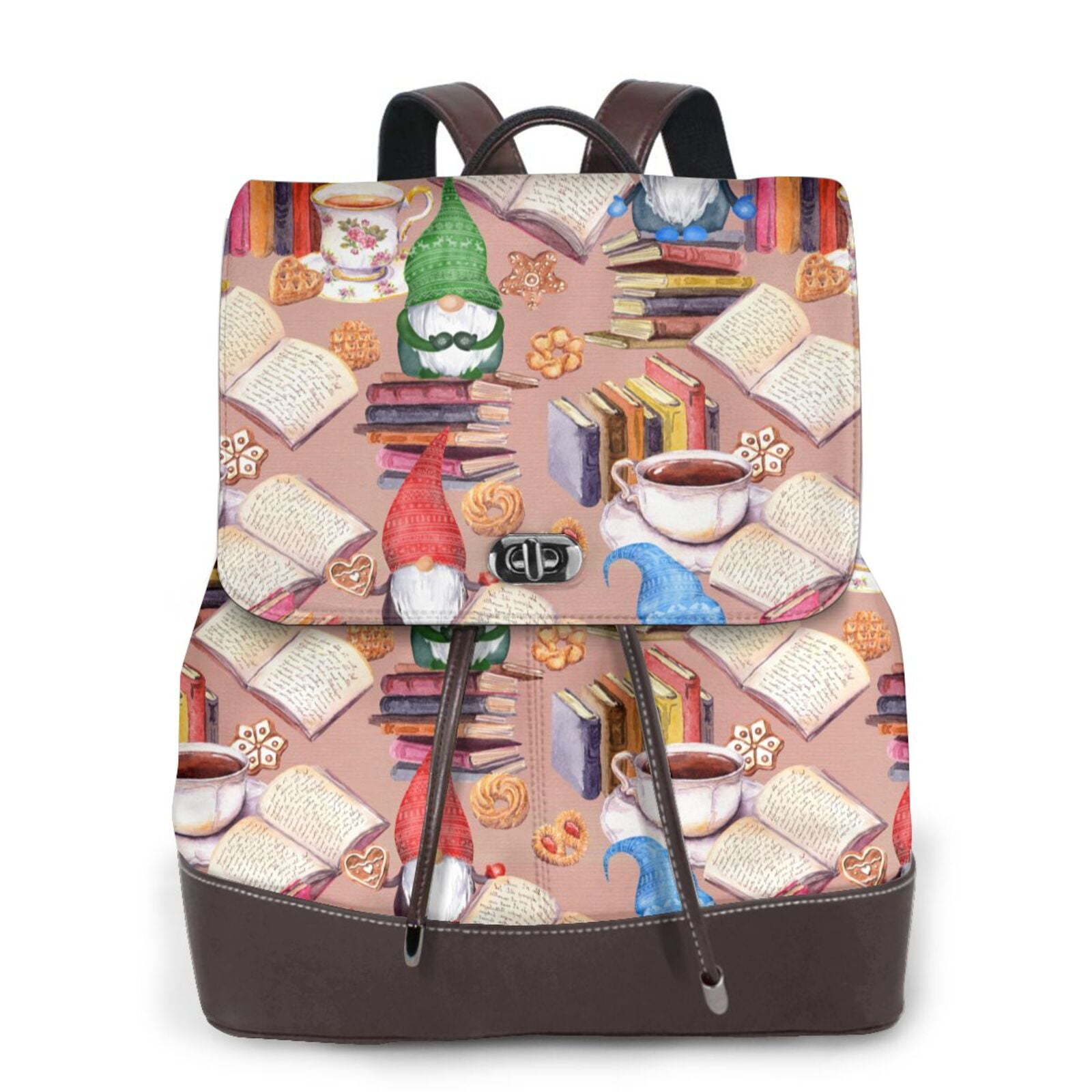 Kuqiui Gnomes Books Tea Cups Print Leather Backpack Purse For Women ...