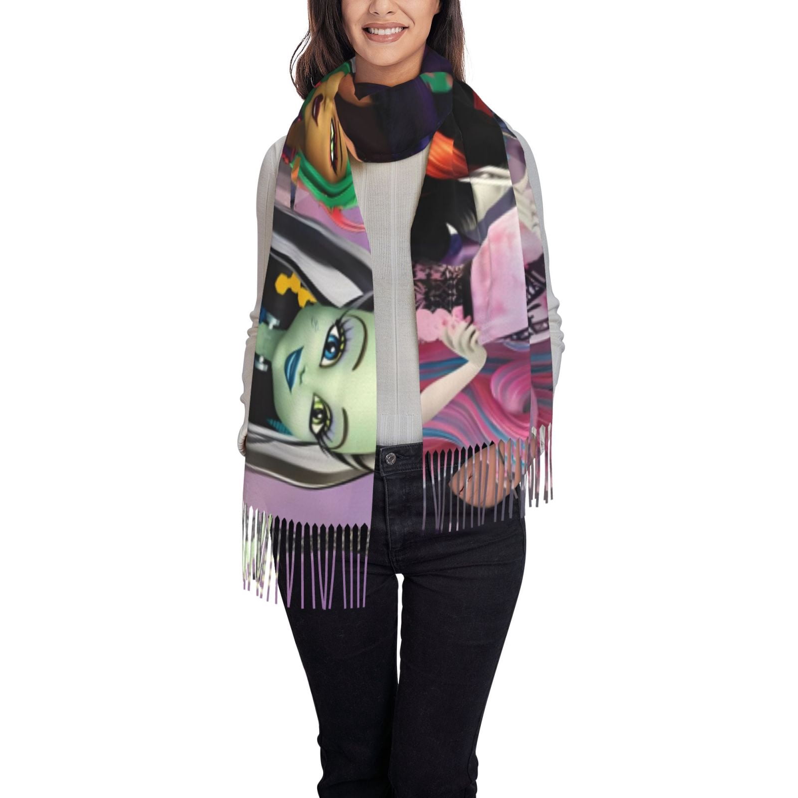 Kuqiui Monster High Print Women's Warm Scarf Tassel Scarf Shawl Warm ...