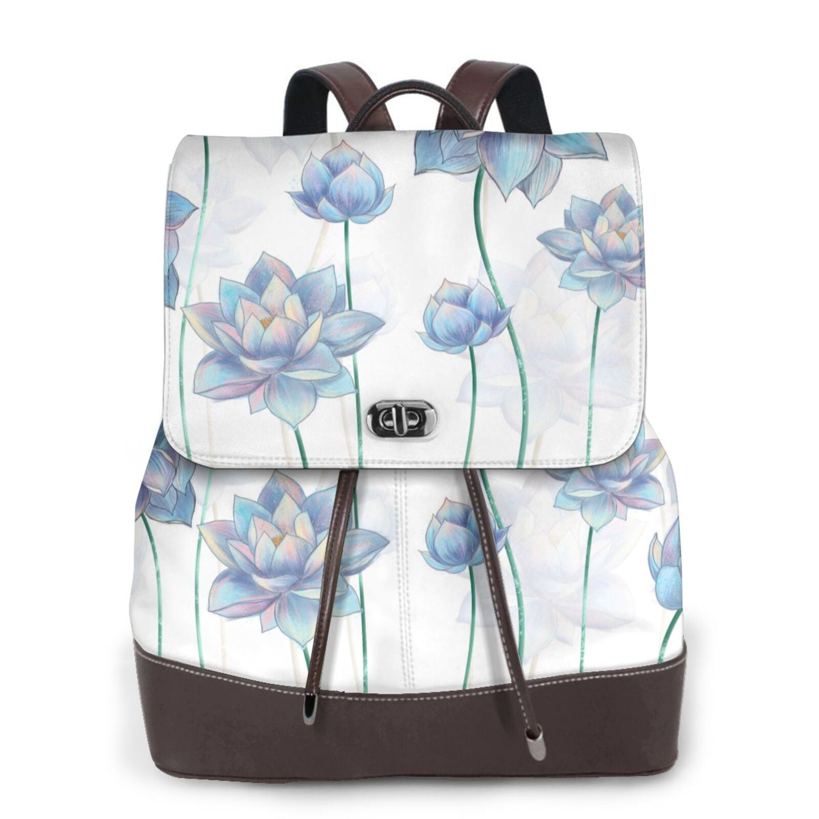 Kuqiui Pale Blue Lotus Flowers Print Leather Backpack Purse For Women ...