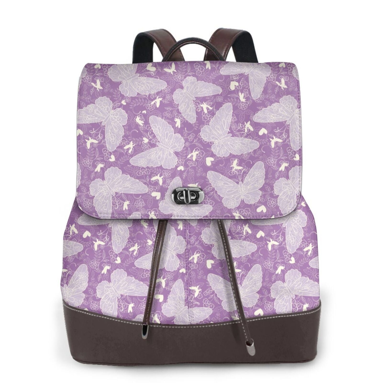 Kuqiui Purple Butterflies Floral Print Leather Backpack Purse For Women ...
