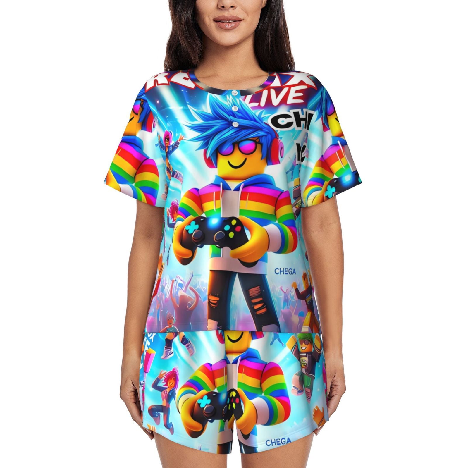 Kuqiui Roblox Print Pajama Sets for Women 2 Piece Summer Lounge Wear ...