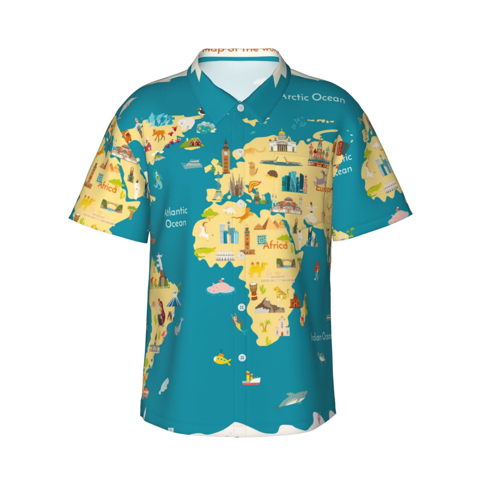 Kuqiui World Map With Landmarks Pattern Men's Casual Button-Down Shirts ...