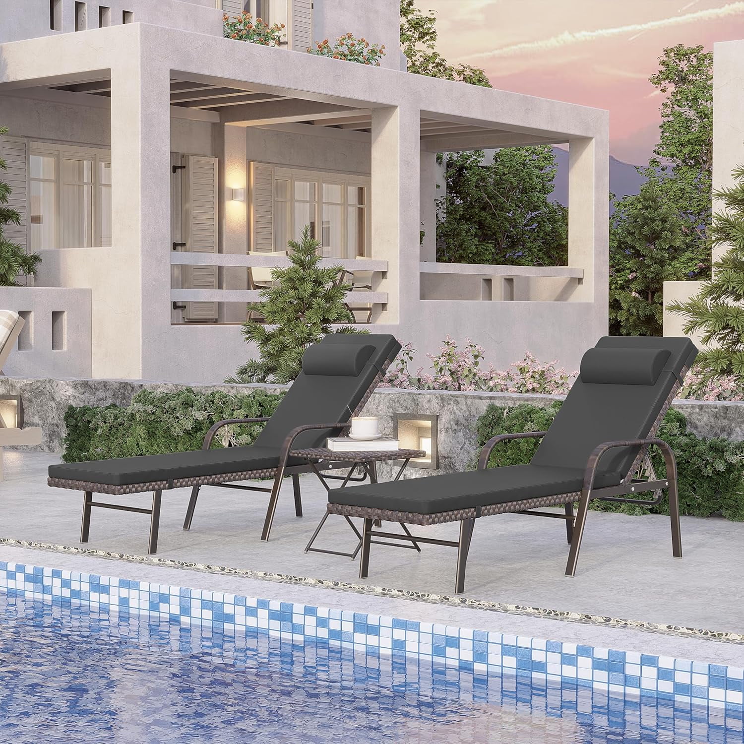 Kurapika Patio Chaise Lounge Set 3 Pieces Outdoor Lounge Chair, Rattan ...