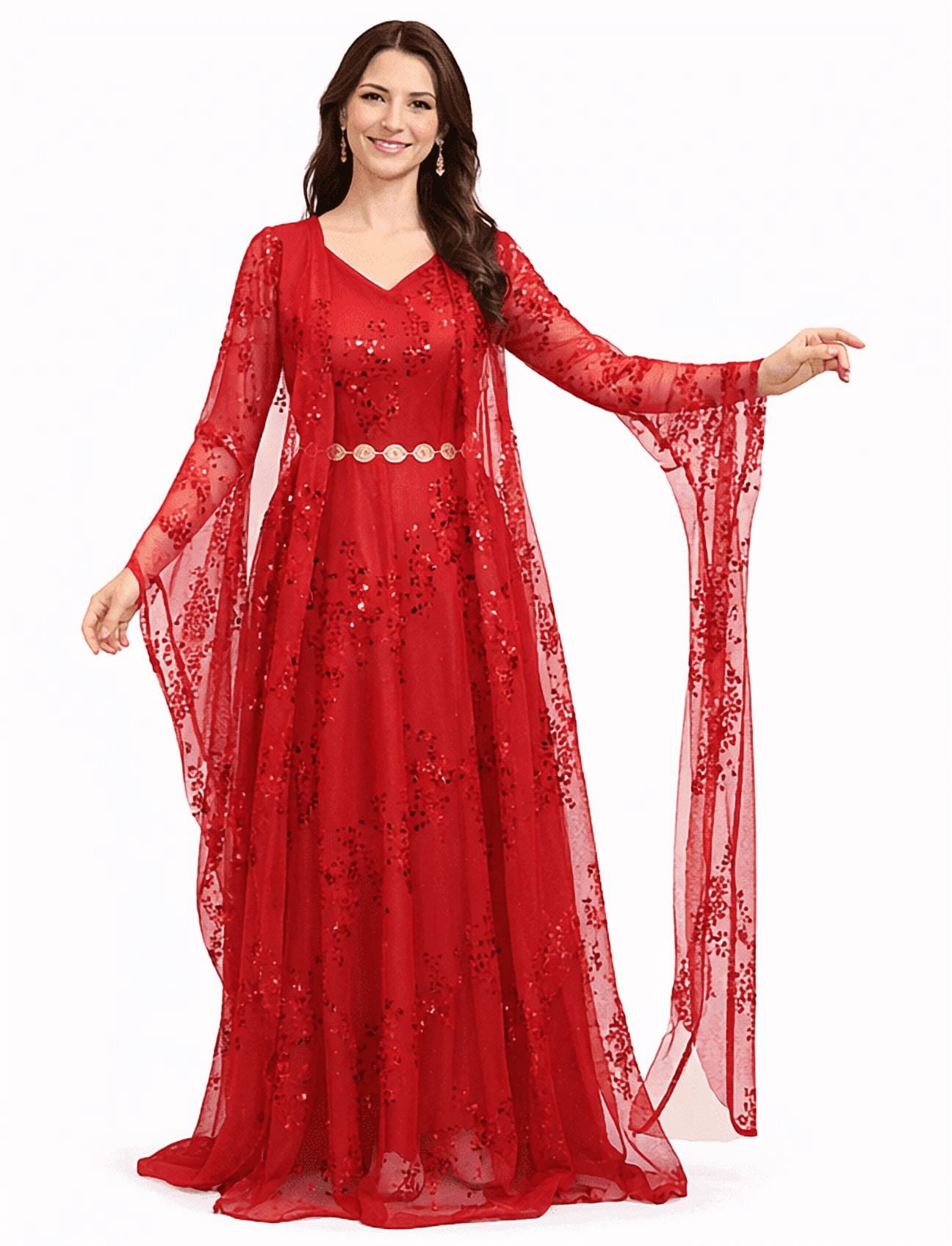 Kurdish Women’s Sequined Maxi Dress with Waist Chain, Elegant Evening ...