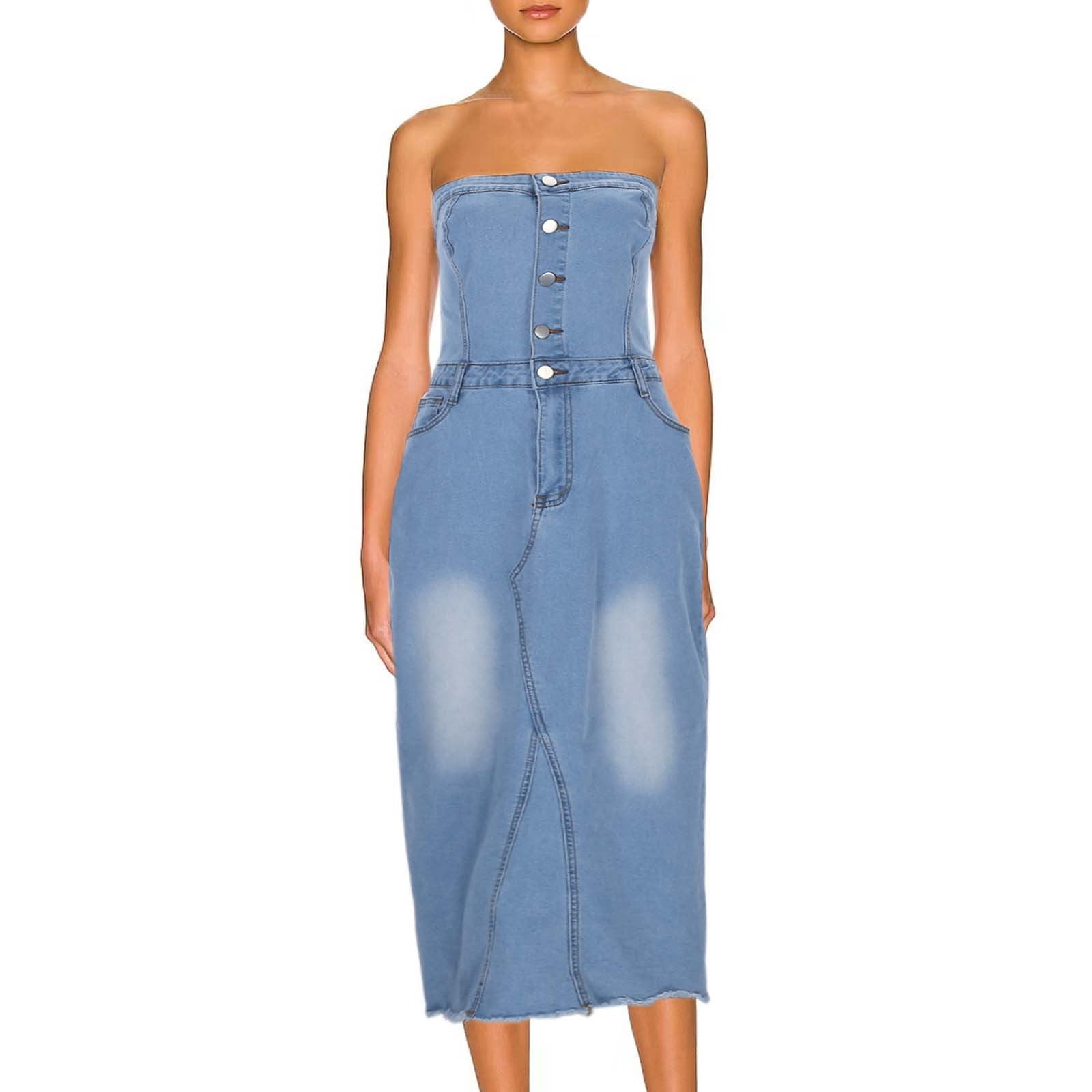 Kureaily Chic Women's Denim Bodycon Dress Sleeveless High Stretch Slim ...