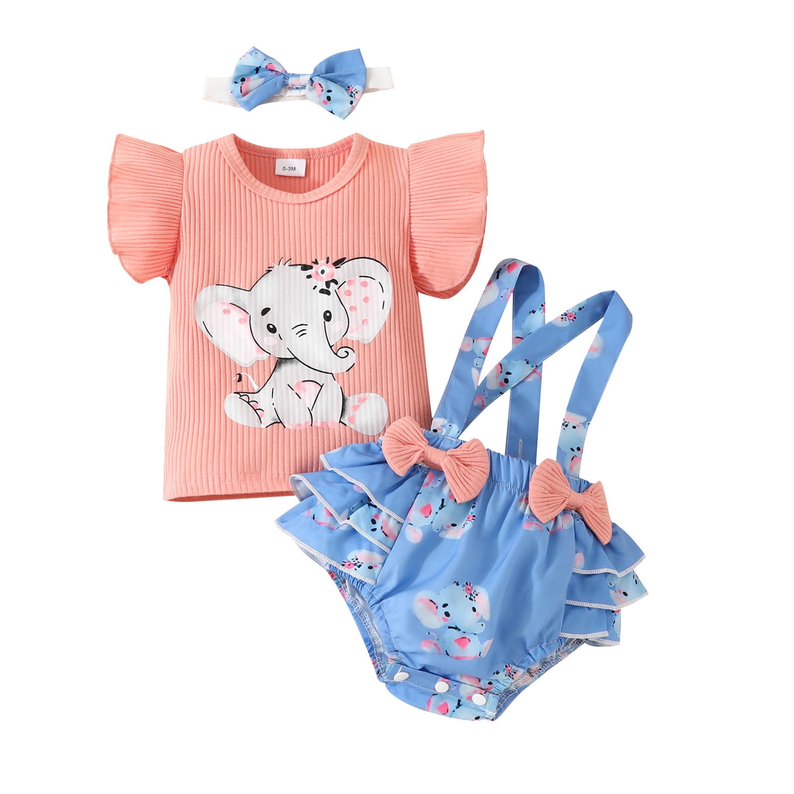 Kureaily Girls Fly Sleeve Ribbed Cartoon Prints Tops T Shirt Suspenders ...