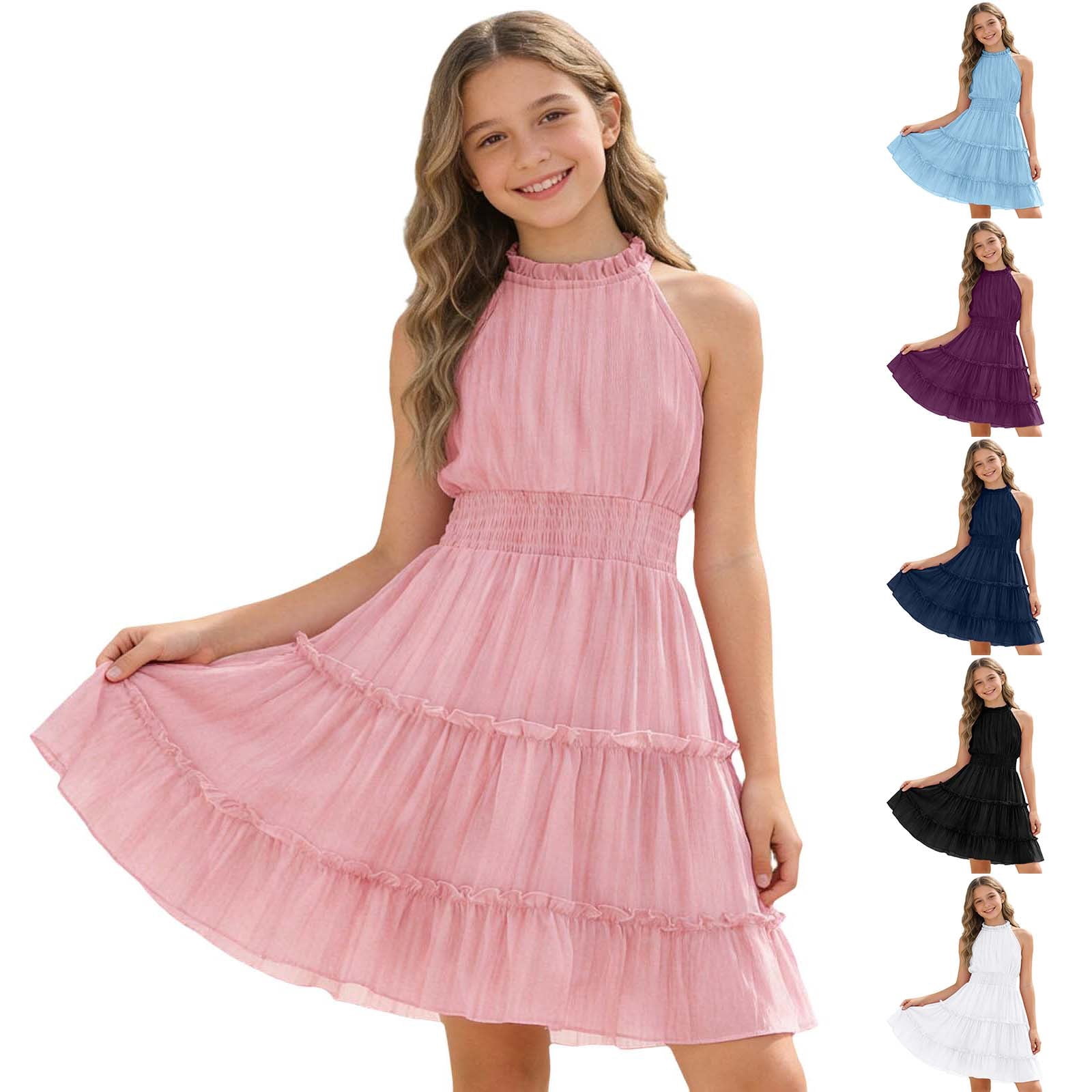 Kureaily Girls Halter Neck Tiered Ruffle Dress Smocked Waist Summer ...