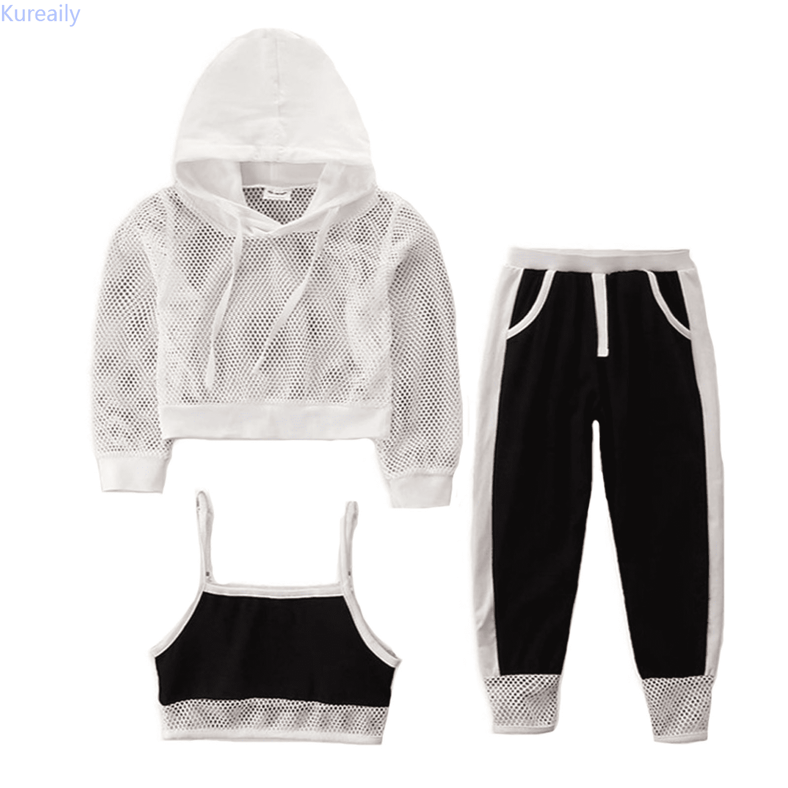 Kureaily Girls' Long Sleeve Hooded Lace Up Vest Casual Long Pants Three ...