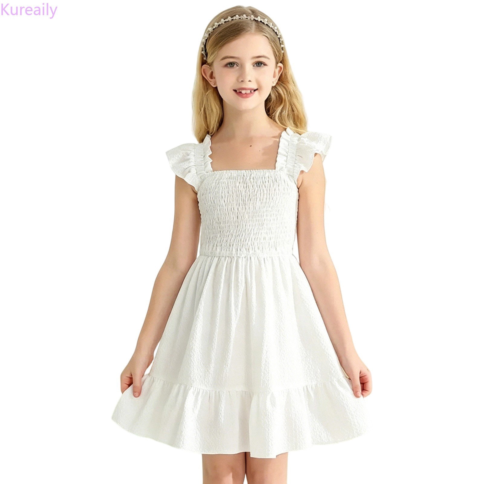Kureaily Girls Smocked Square Neck Dress Ruffle Straps Tiered Ruffle ...