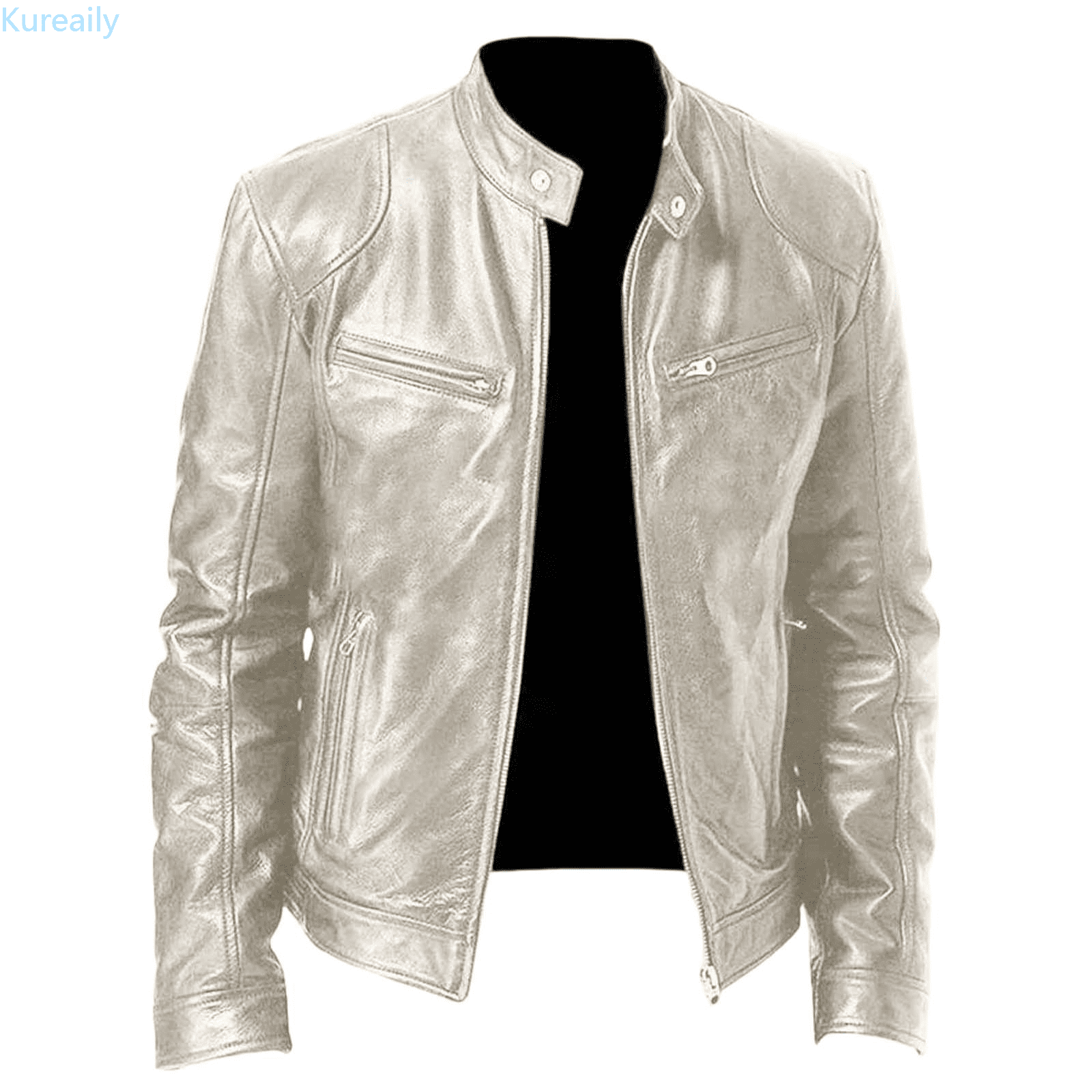 Kureaily Leather Motorcycle Jacket Stand Collar Punk Style Outerwear ...