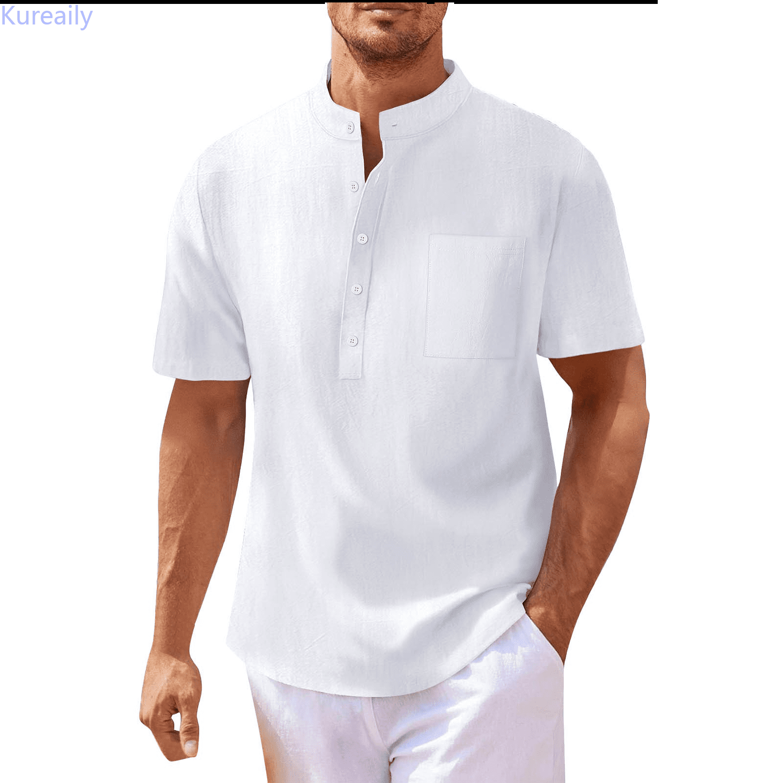 Kureaily Men Soild Color Shirt Short Sleeve Hippie Casual Band Collar ...