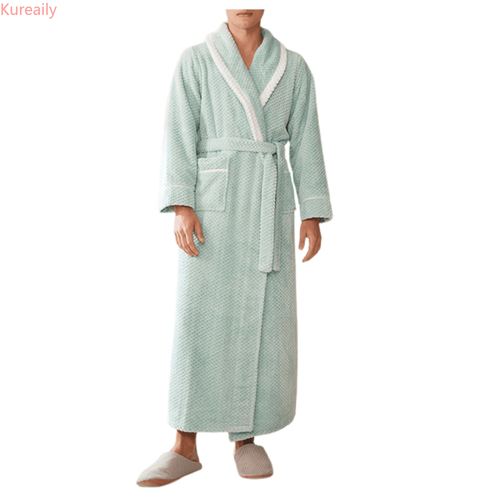 Kureaily Mens Fuzzy Robe Mid Length Bathrobe Belted Soft Bath Robes ...