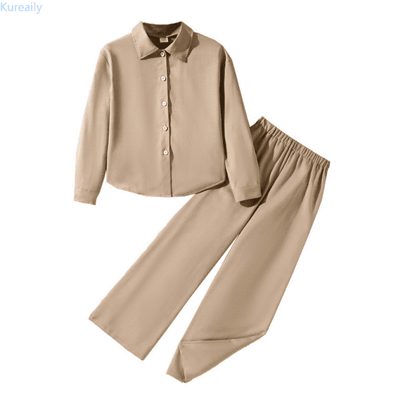 Kureaily Stylish Girls Two Piece Outfit Long Sleeve Shirt With Wide Leg ...