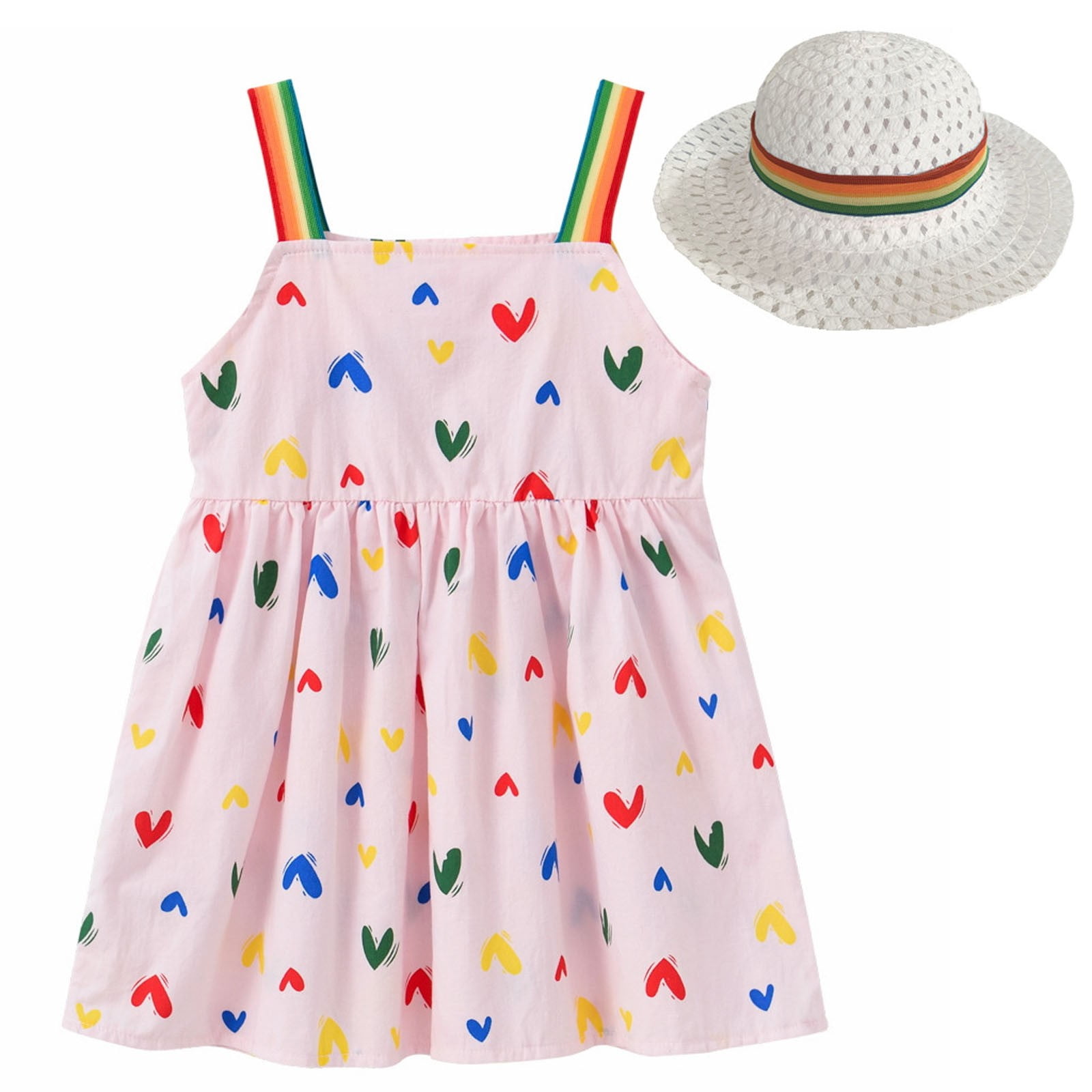 Kureaily Summer Girls Rainbow Strap Sunress & Sun Hat Beach Outfit 3-4 ...
