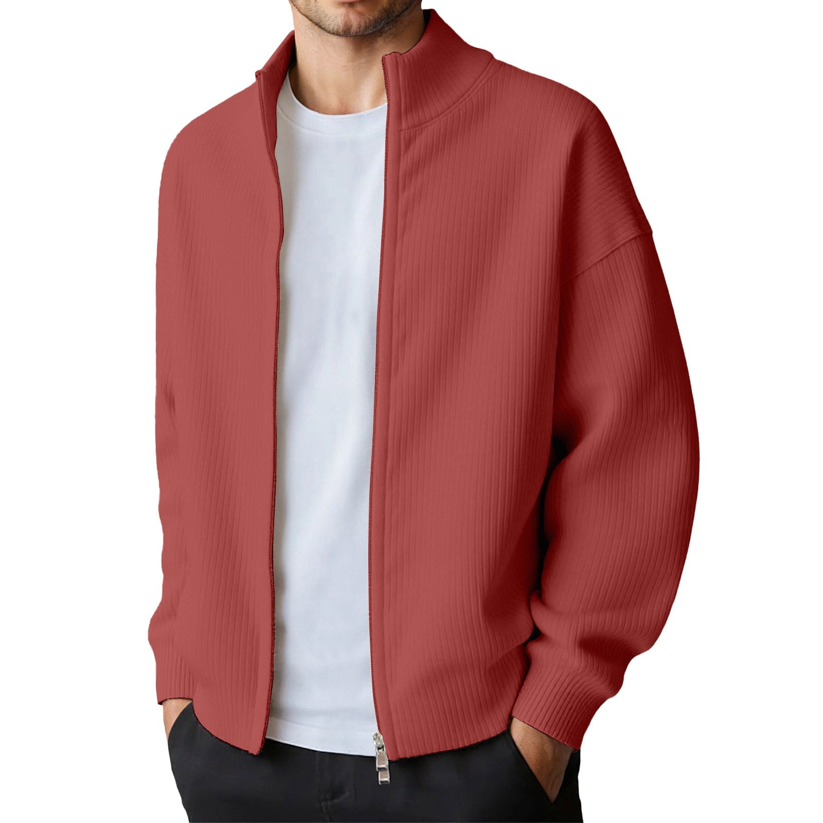 Kureaily Winter Solid Color Rib Knit Double Zipper Casual Jacket ...