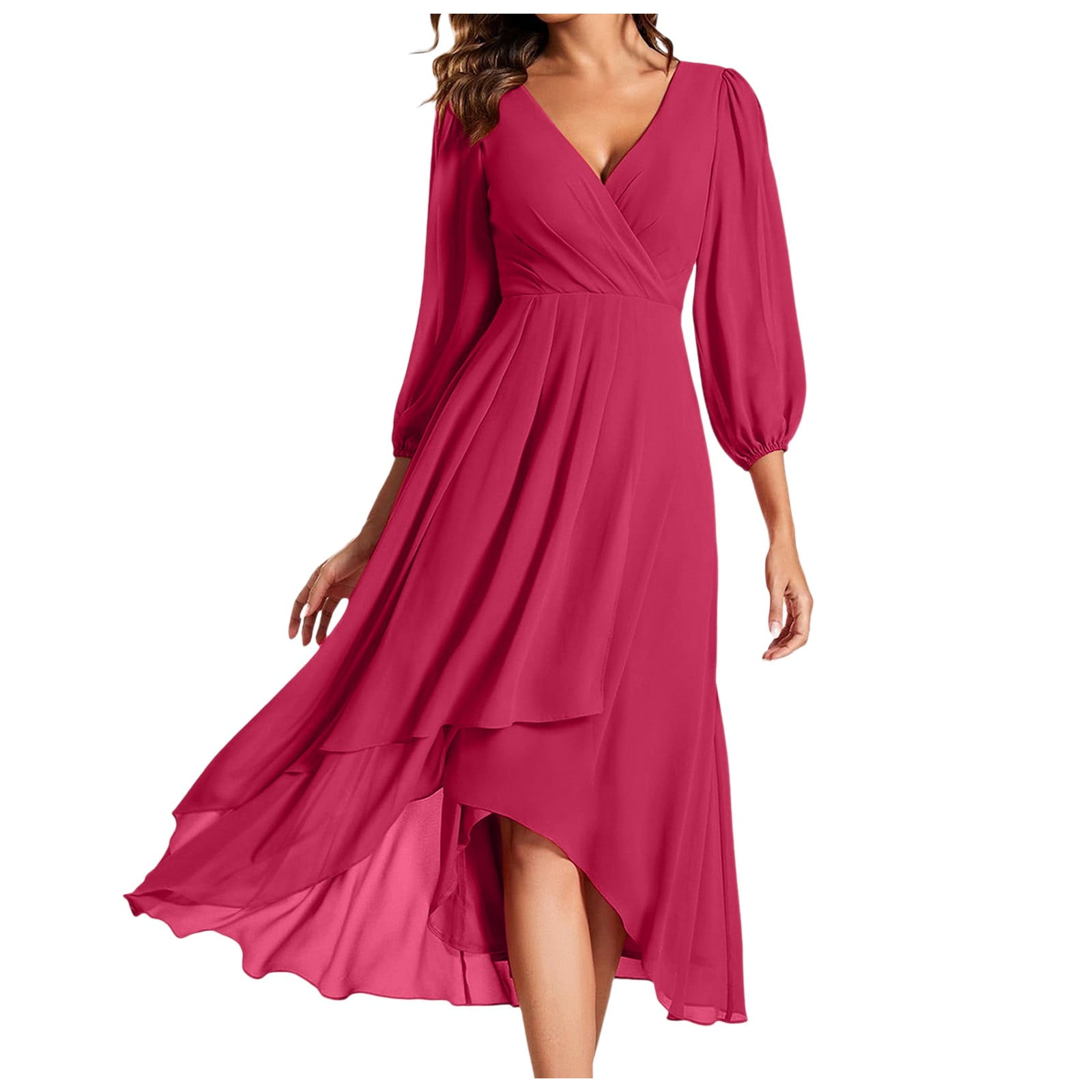 Kureaily Women Chiffon Spring V Neck Long Sleeves Pleated A Line Midi ...