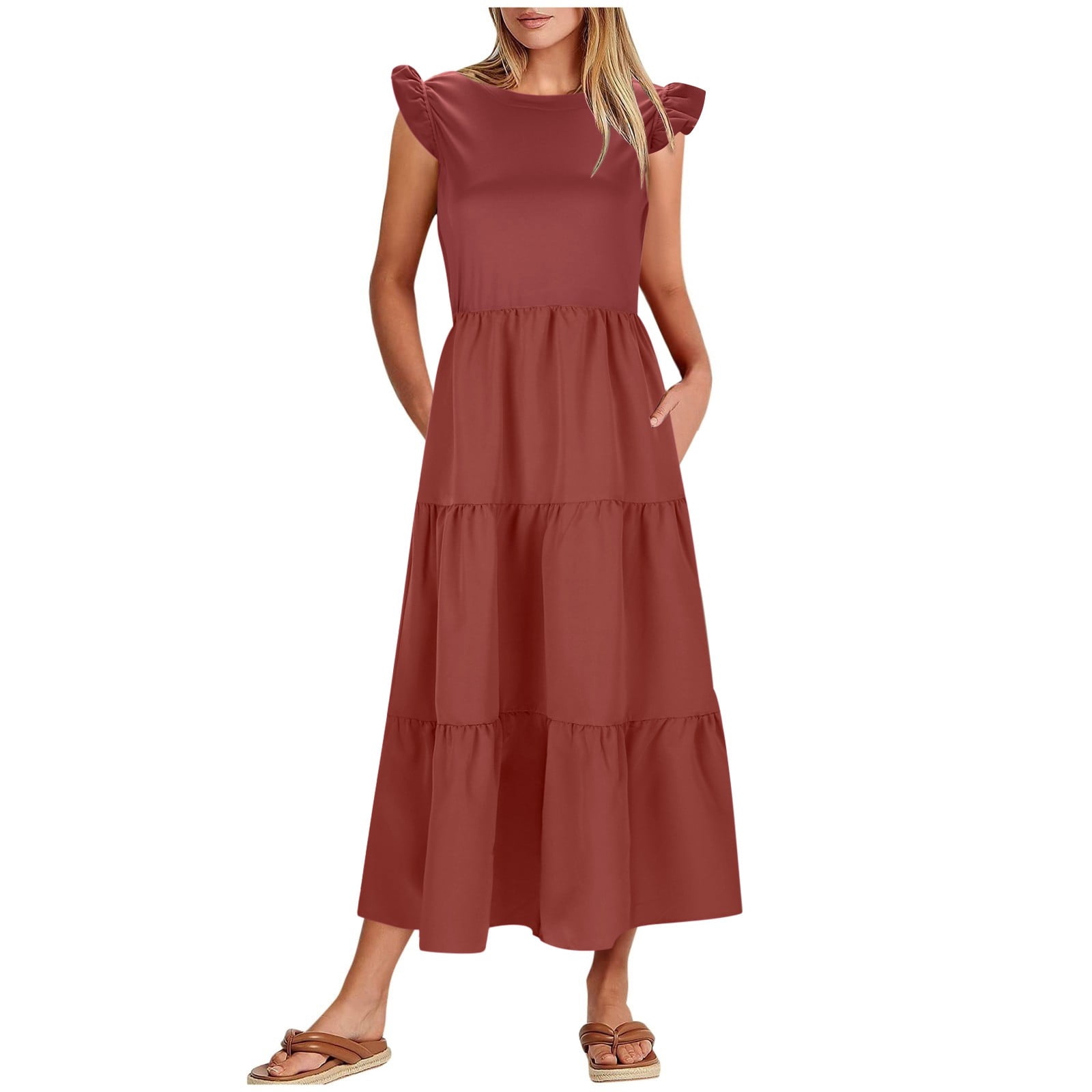 Kureaily Women Dress Sleeveless Crewneck Maxi Dress Tiered Flowy ...