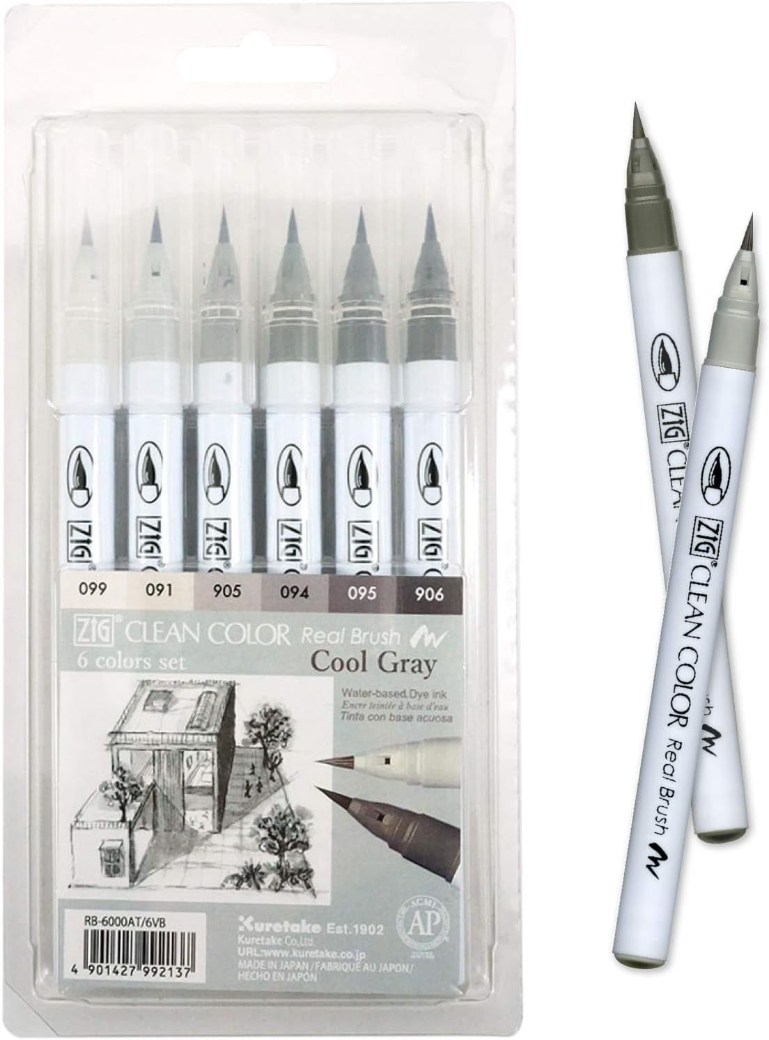 Kuretake Brush Pen Aqueous Clean Color Real Brush Cool Gray 6 Colors RB ...