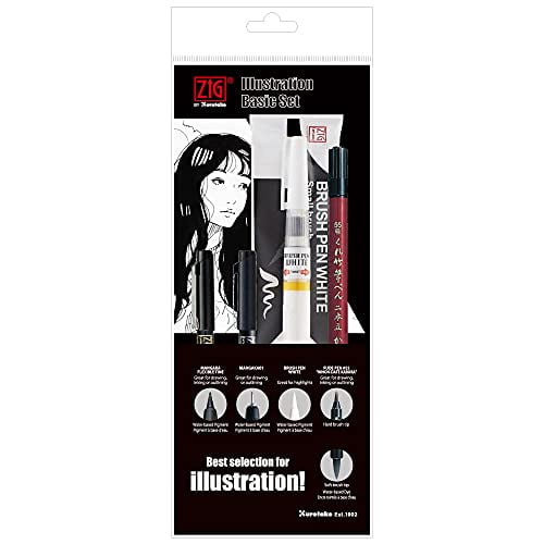 Kuretake Zig illustration Basic set, 2 Brush Pens and 2 Fineliner, for Inktober, Manga, Drawing ...